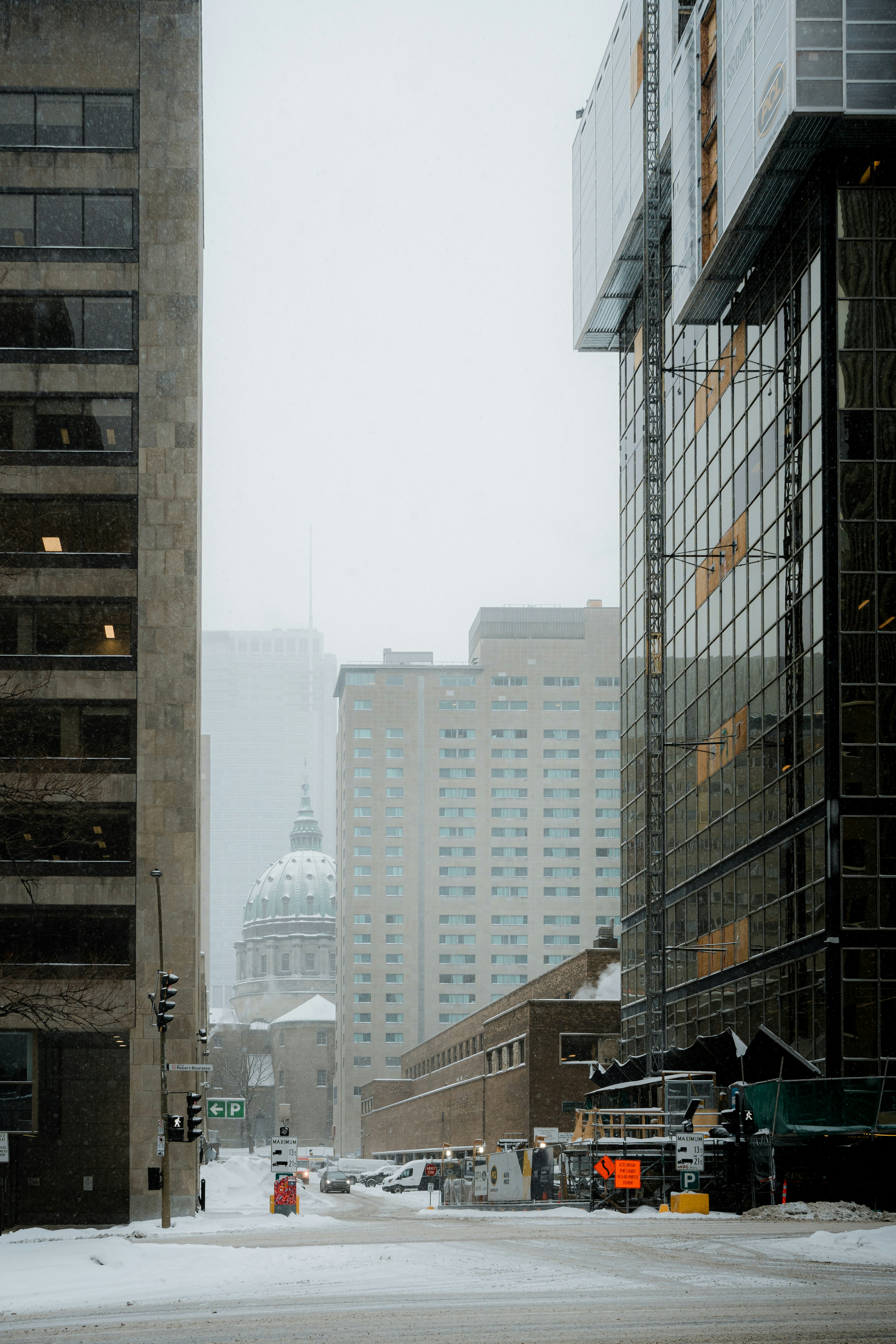Snowy City Corridor Toward the Dome