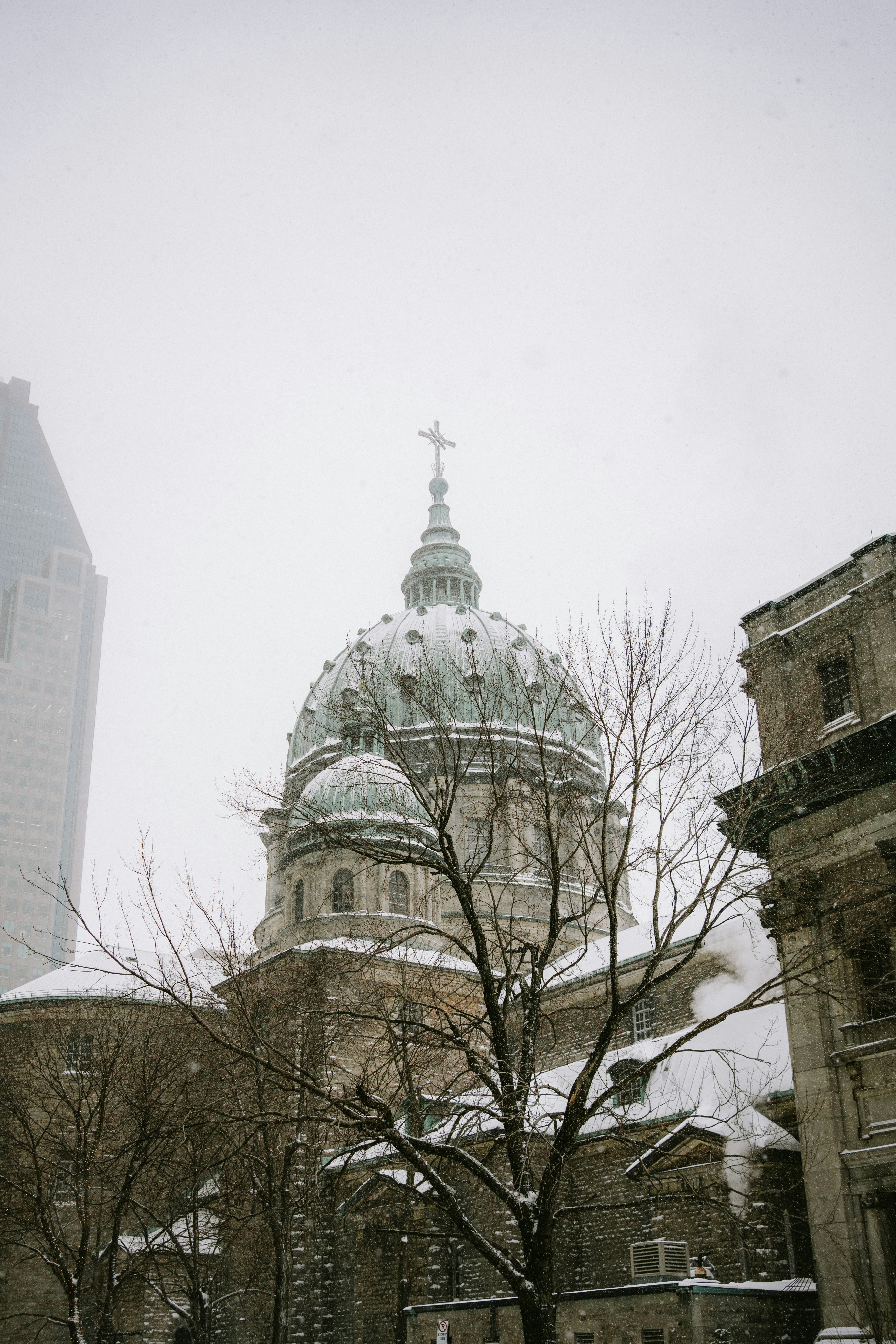 Snowfall over the dome: a quiet urban cathedral under winter hush