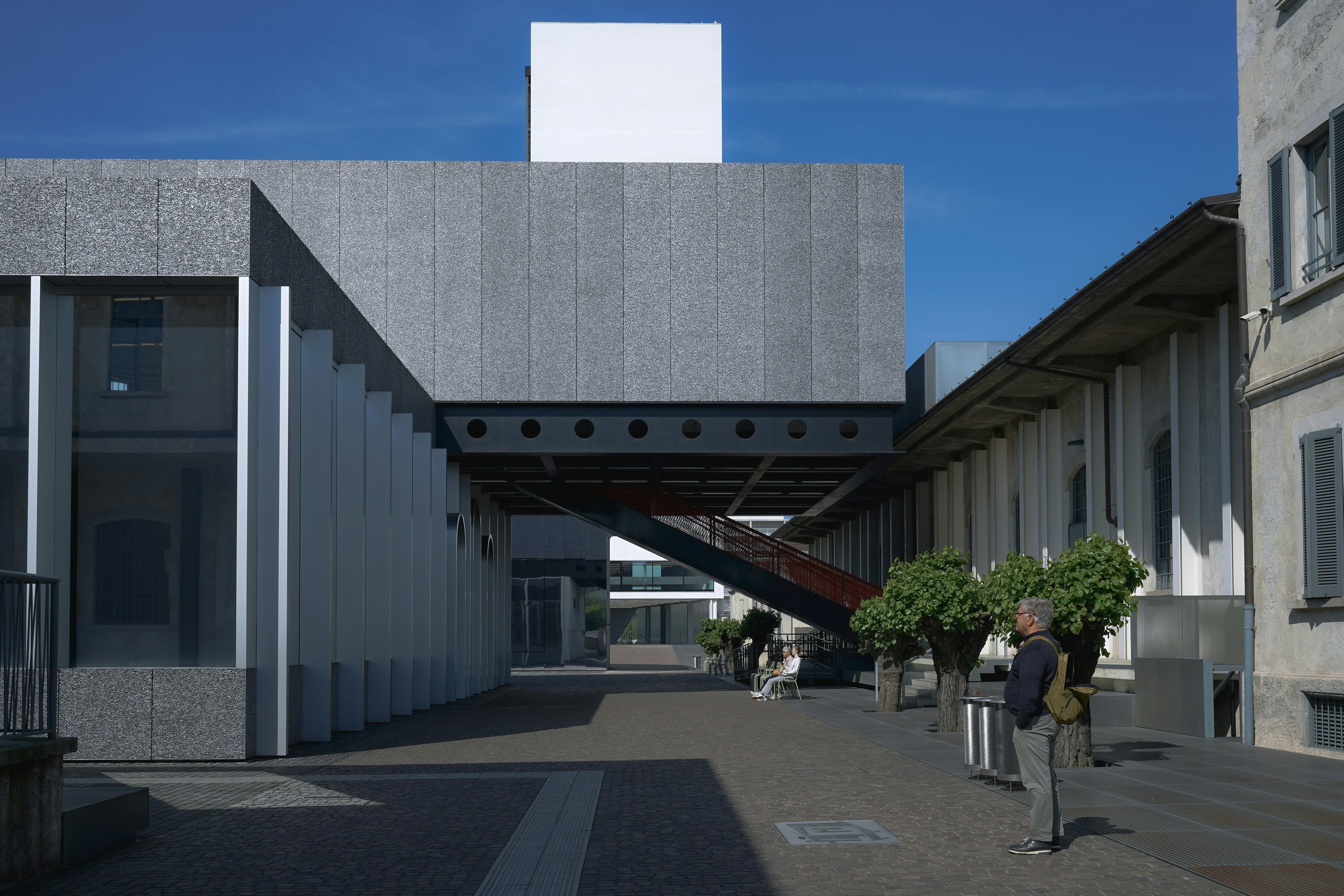 Quiet Campus Walkway Beneath a Modern Overhang