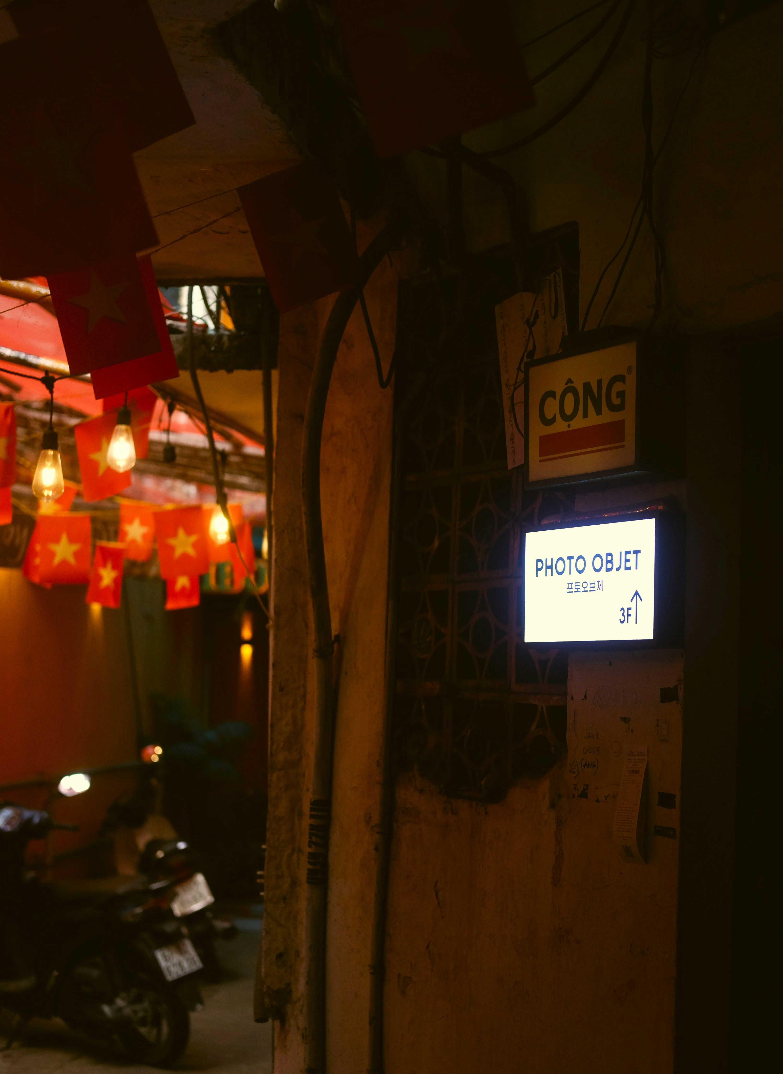 Neon Signage and Flag Parade in a Dimly Lit Alley