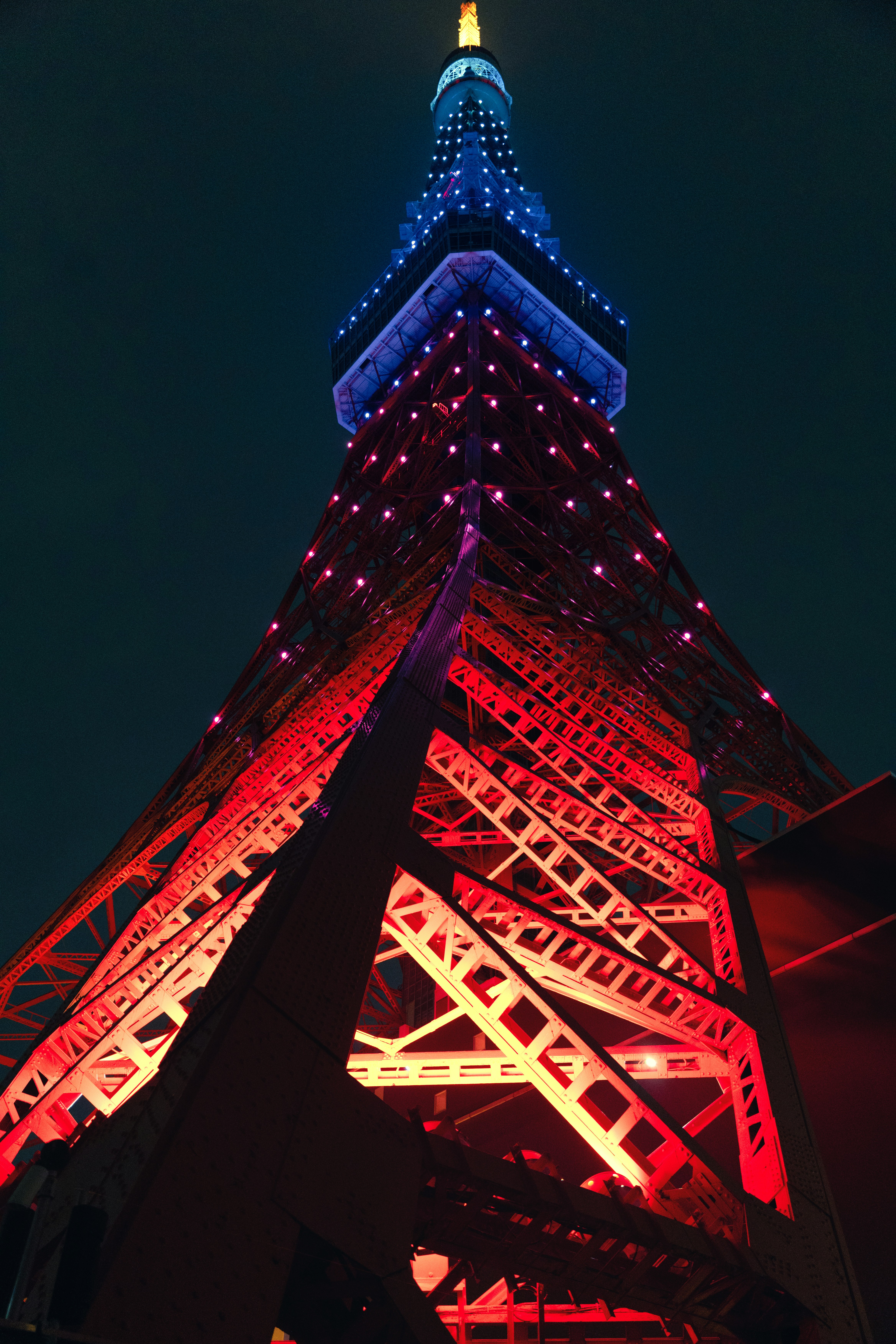 Tower in Neon Night: Tokyo Skytree Lit in Red, Blue, and Purple