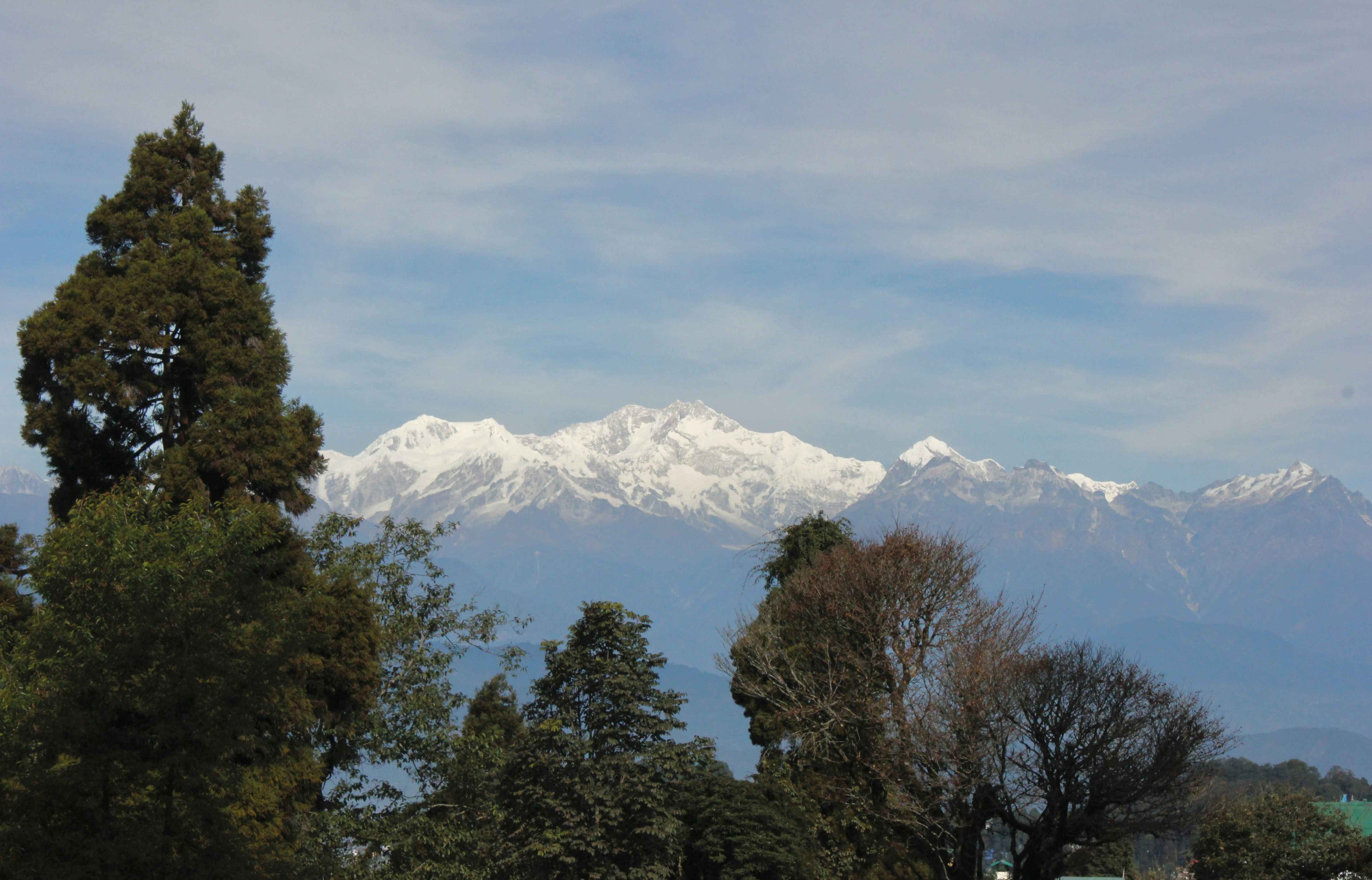 Snow‑capped Peaks Above a Quiet Riverside Arbor