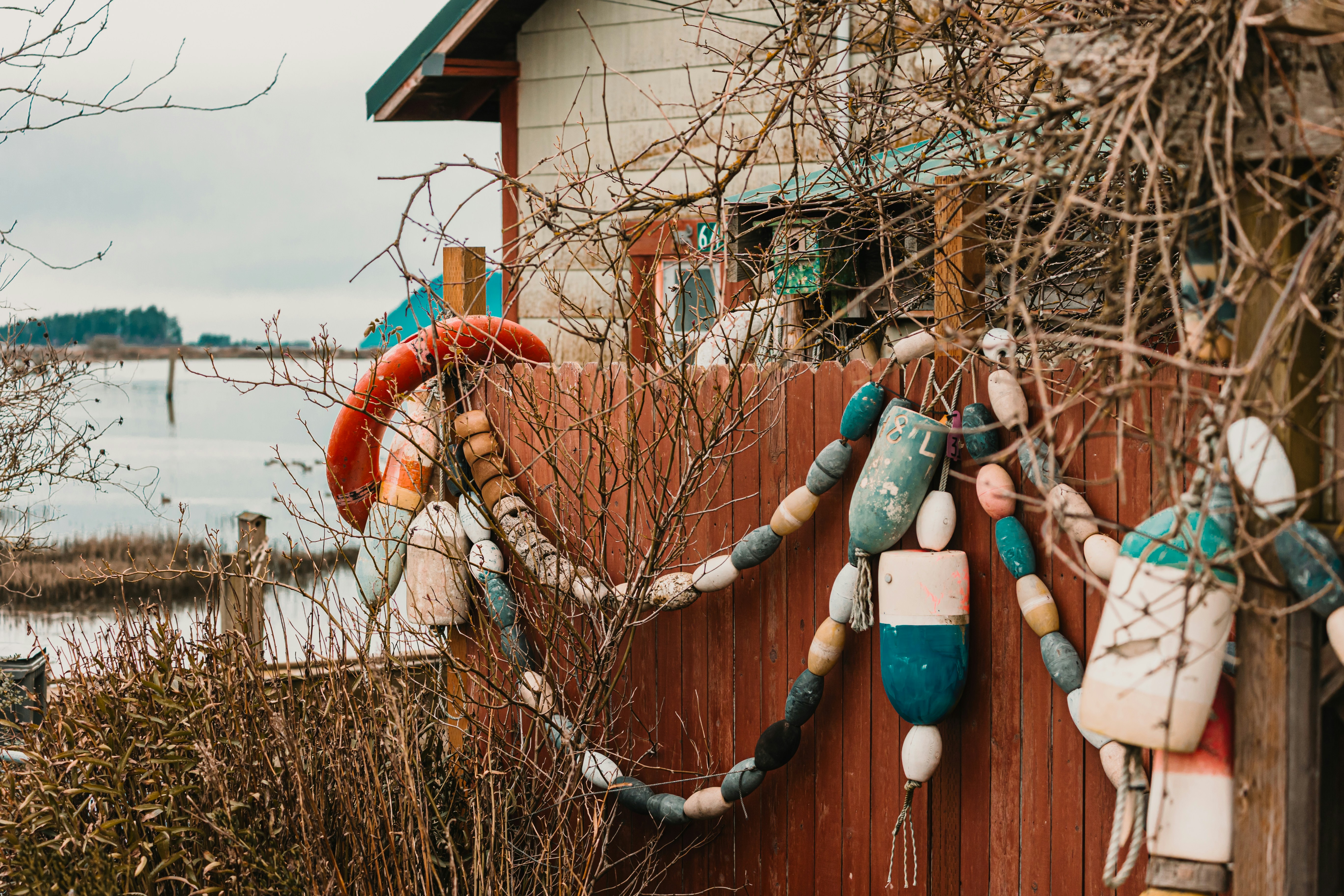 String of Buoys and Cabin by the Quiet Shore
