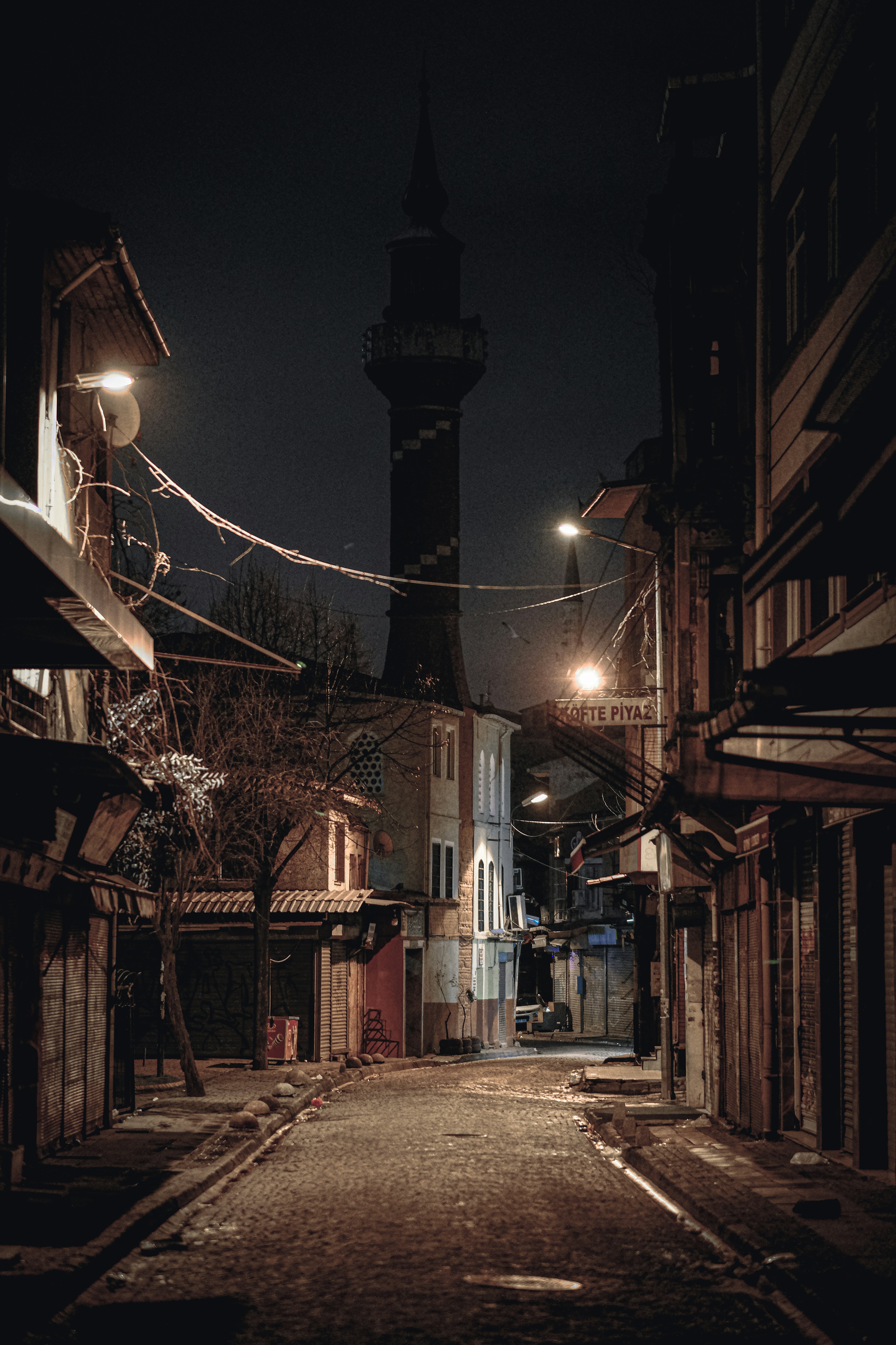 Moonlit Street and Minaret: A Quiet Night in the Old Quarter