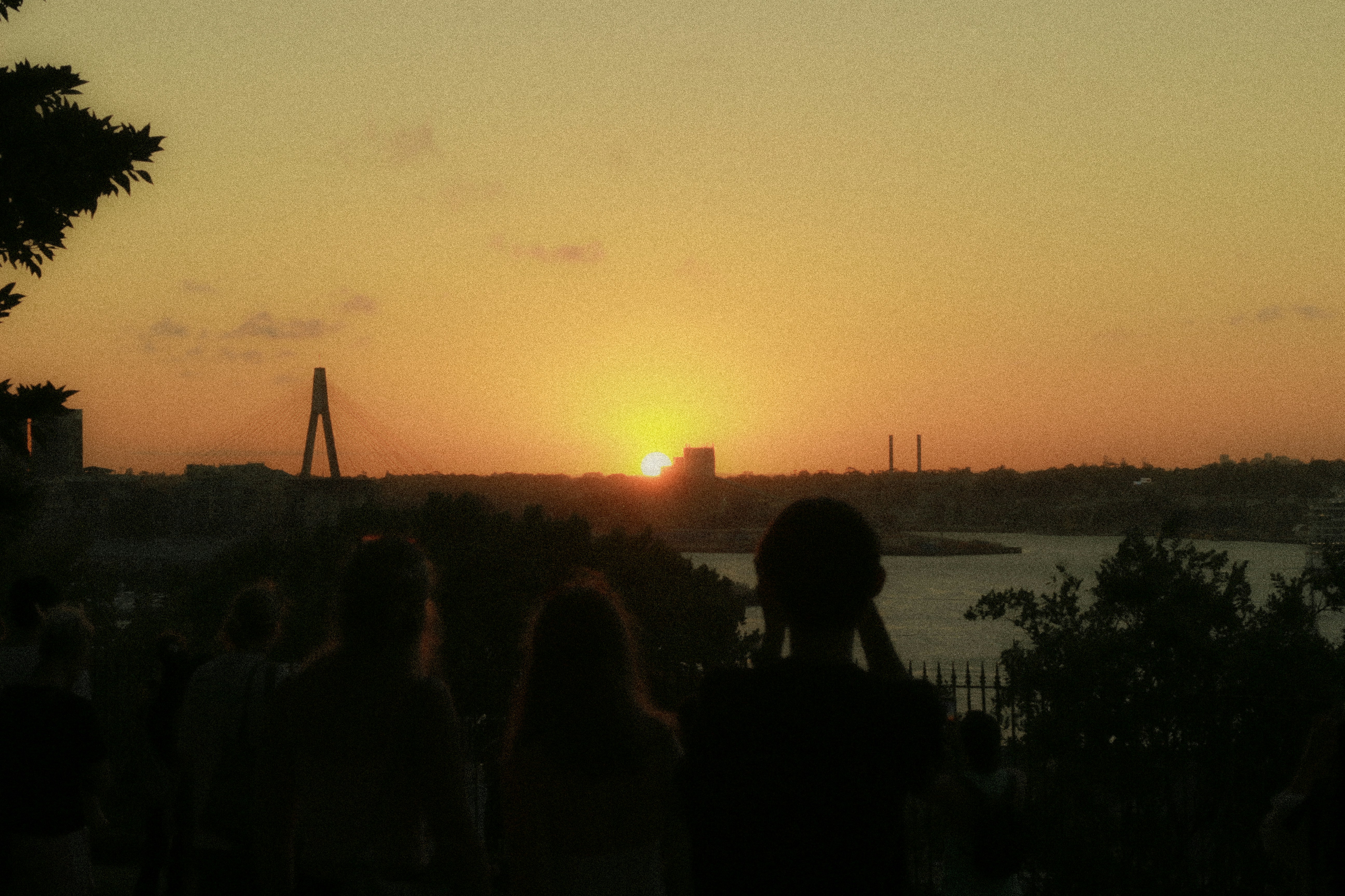 Sunset Over the Crowd: silhouettes watch the horizon