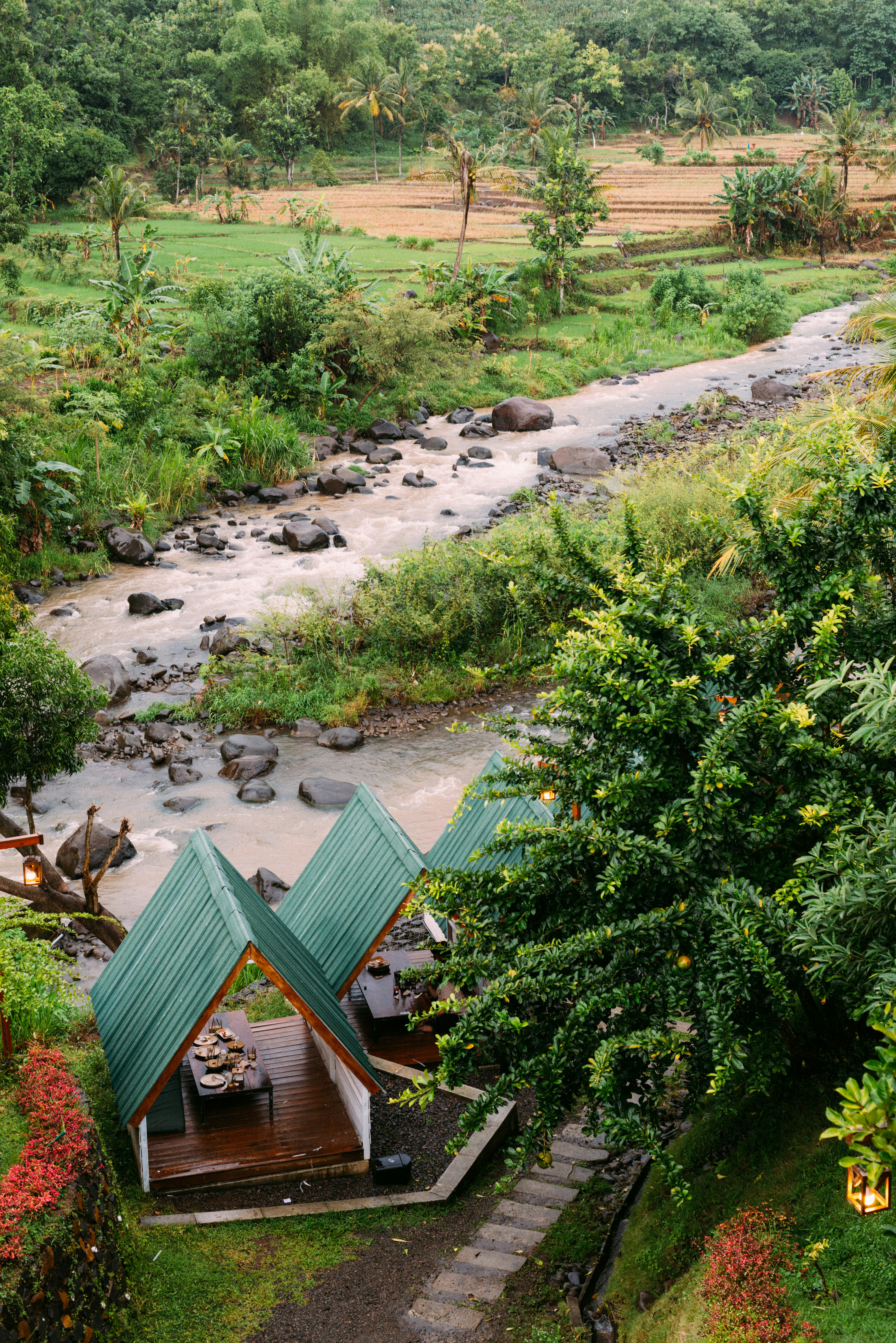 Canopy Over Courtyard: A Green-roofed Retreat Nestled by a Bouldered Stream