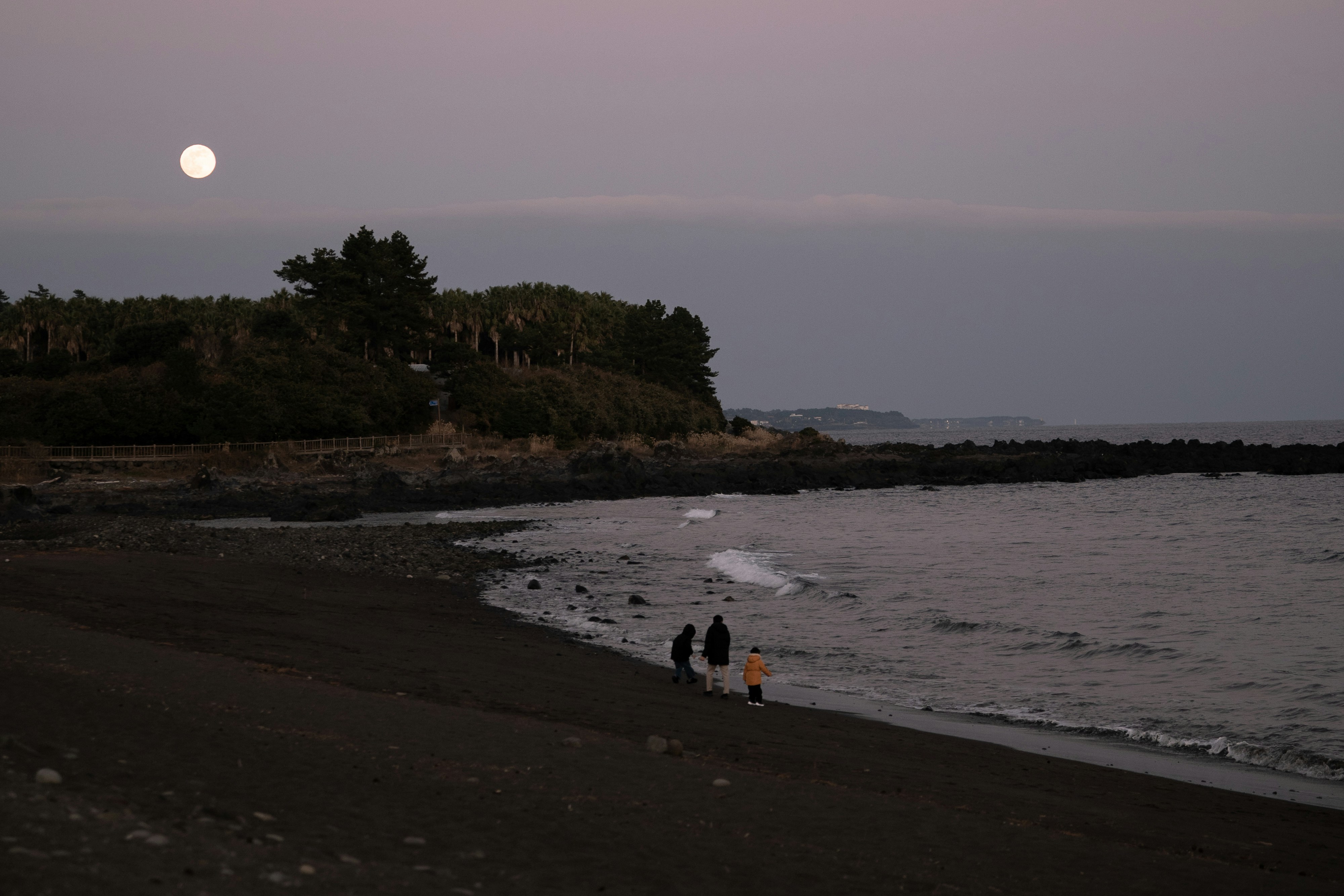 Moonlit shoreline: silhouettes and lighthouse arc