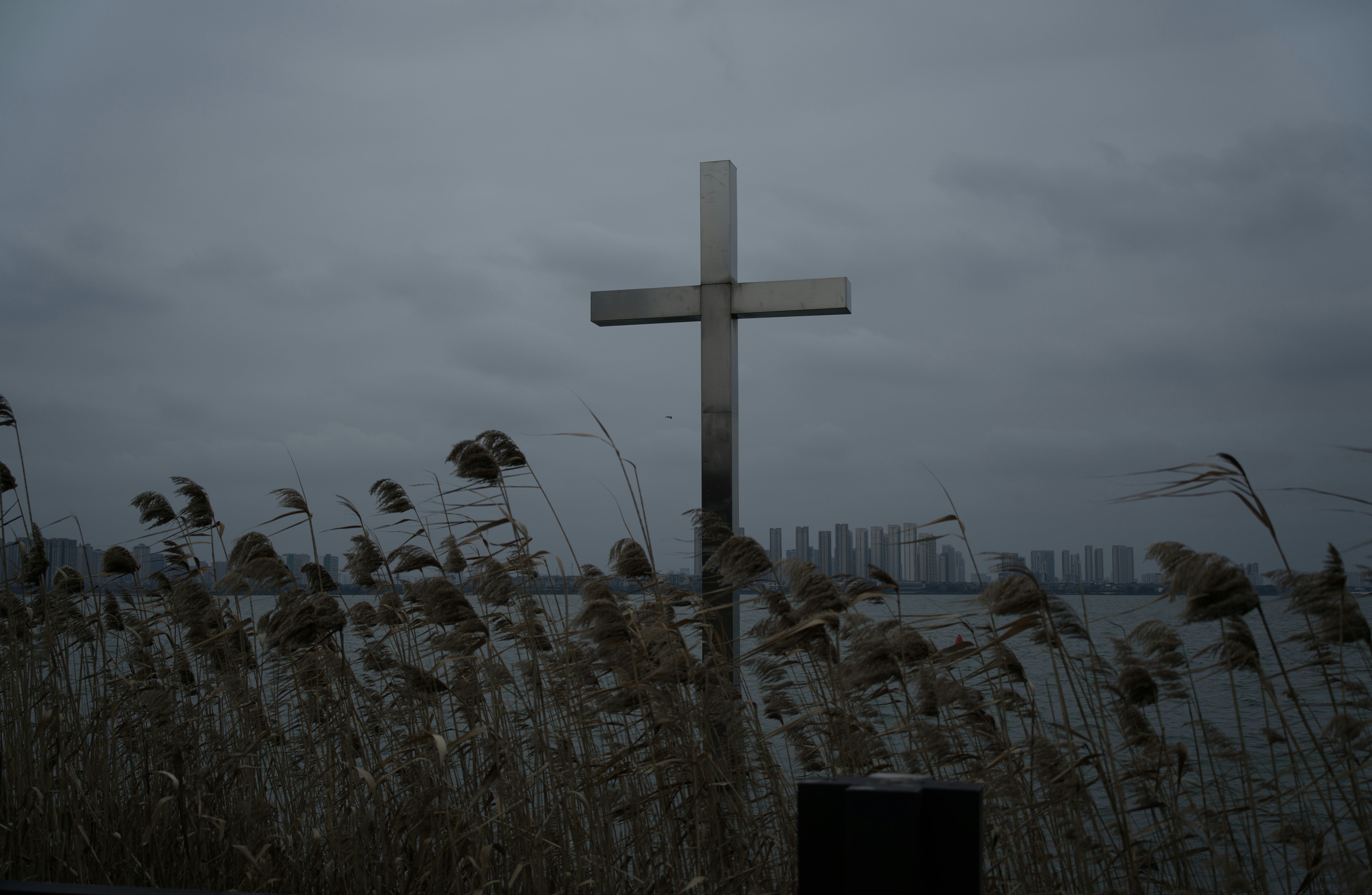 Silent Cross Beyond the Reeds at Dusk