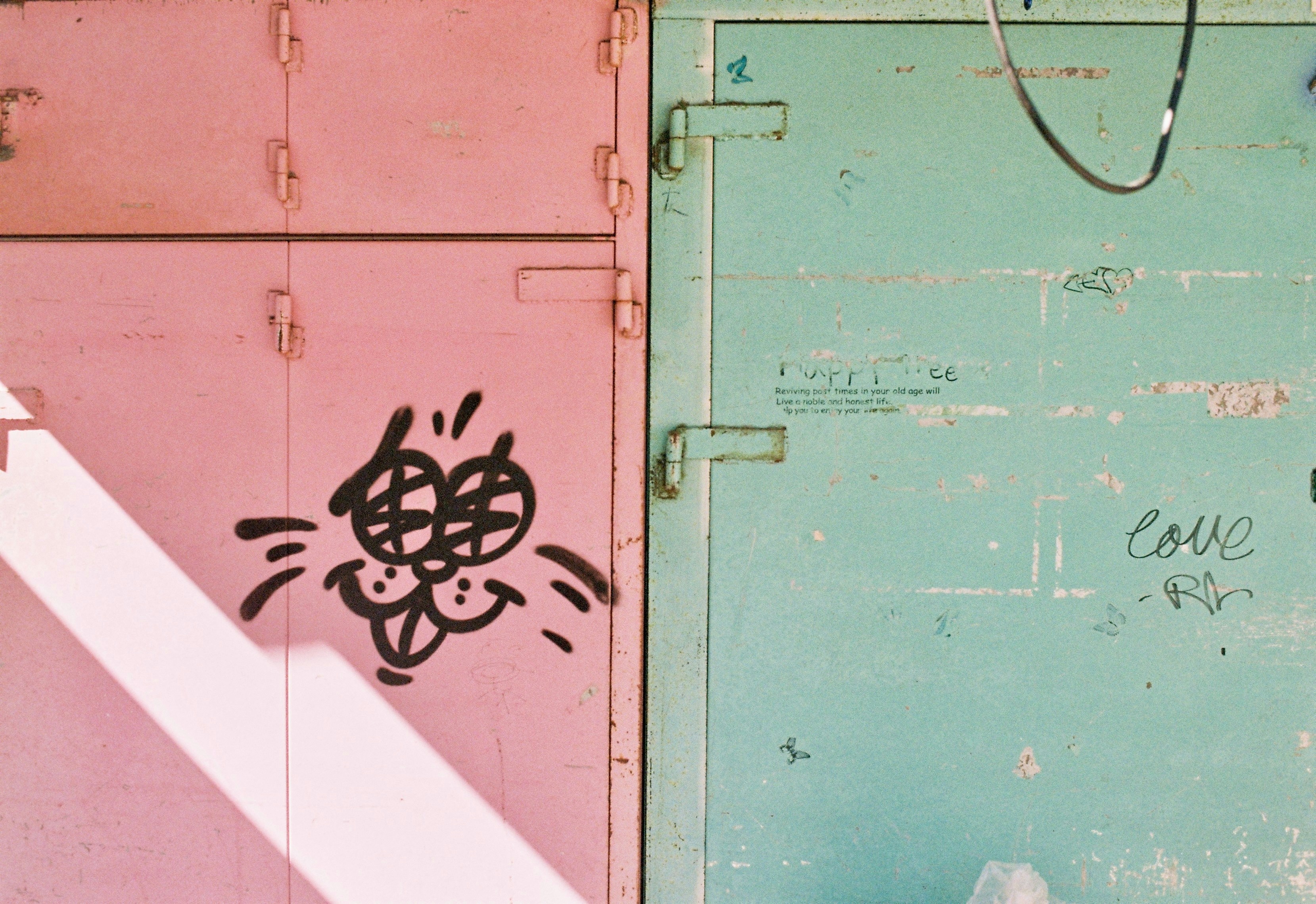 Colorful Locker Graffiti: A Cat Doodle on Pastel Panels
