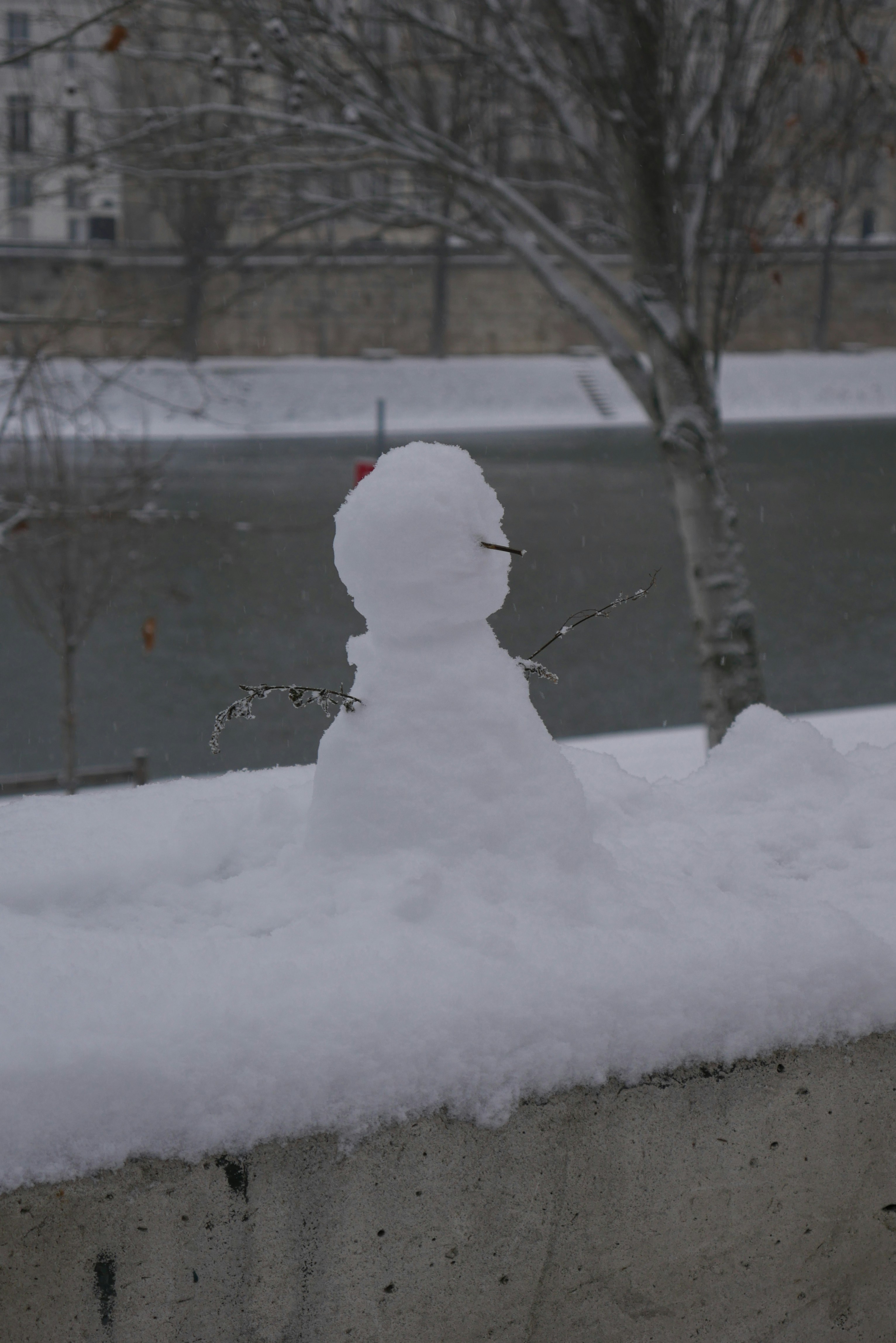 Snowman on the Edge: Quiet winter scene by the river