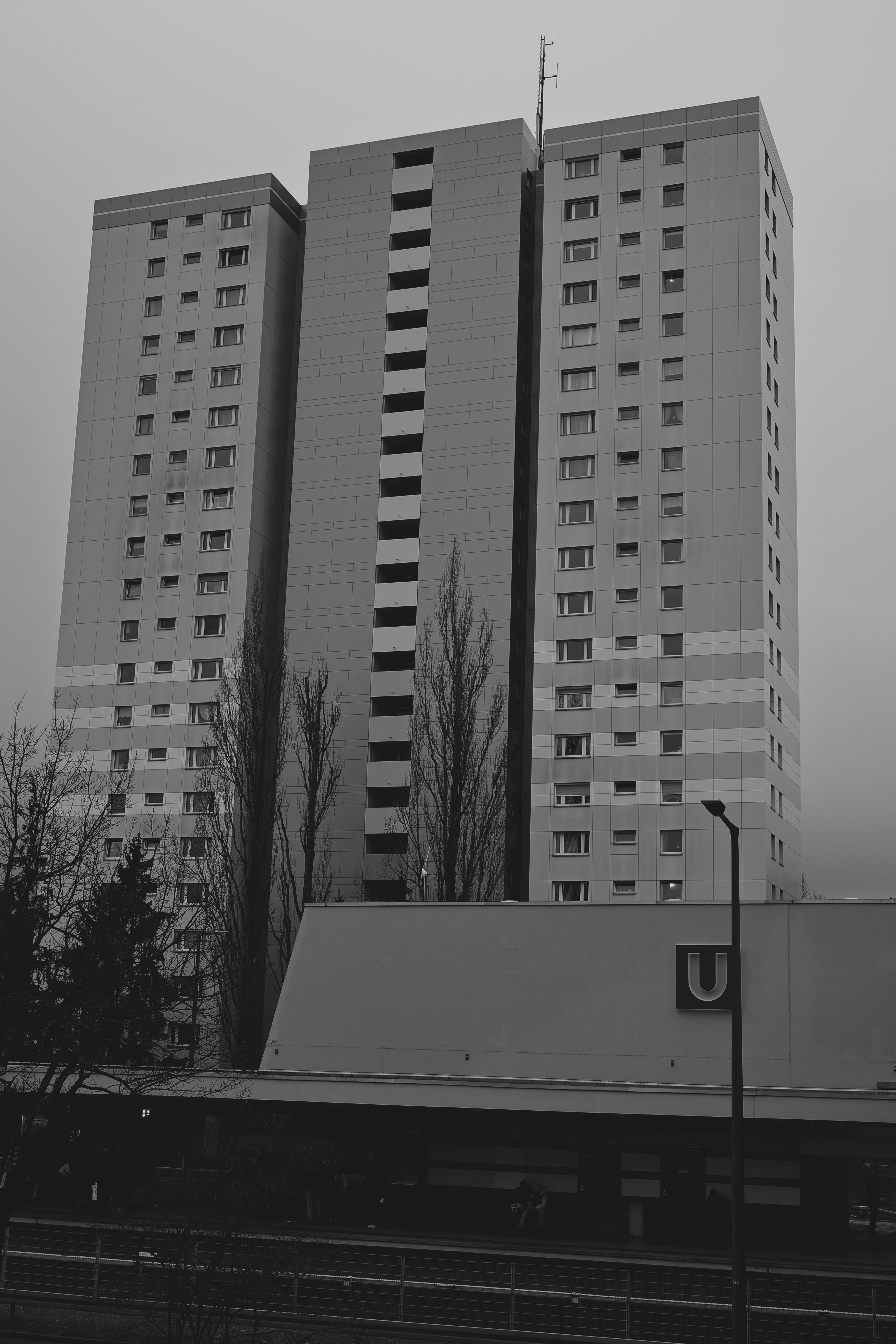 Midrise Monolith: A monochrome portrait of concrete towers against a muted sky