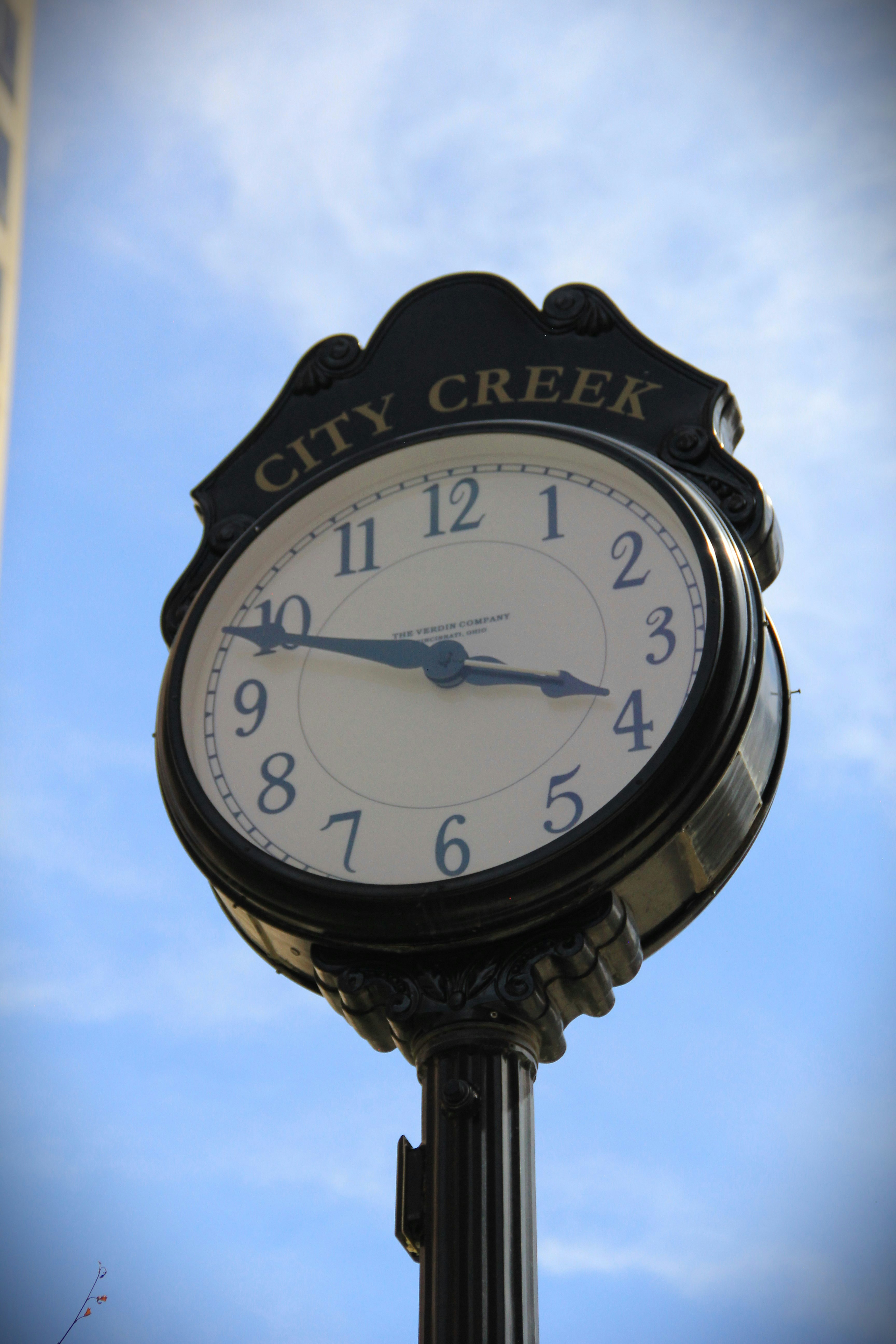 City Creek Clock: Time Standing Tall over a Blue Sky