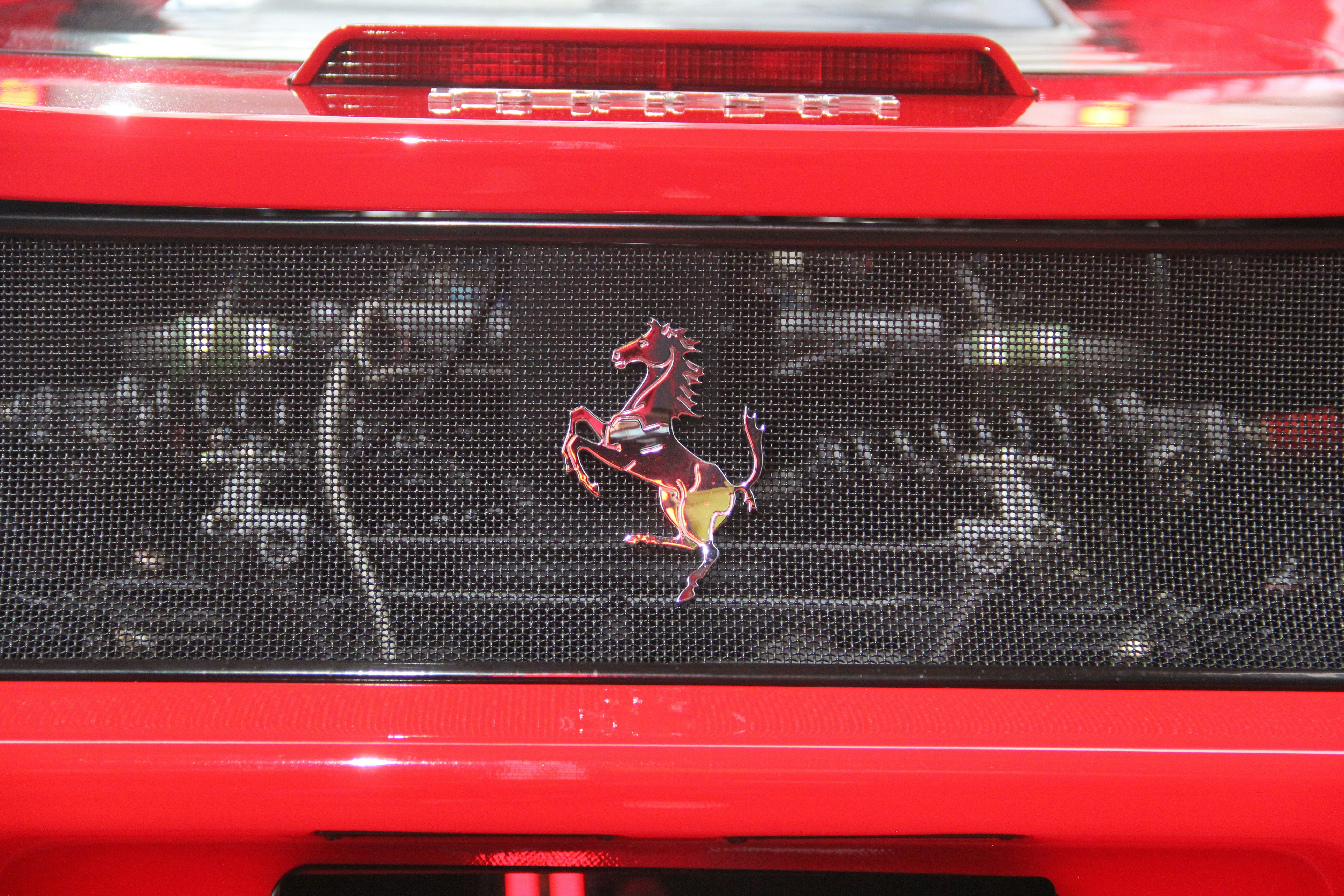 Prancing Emblem: A Red Ferrari Crest Framed by Mesh and Gloss