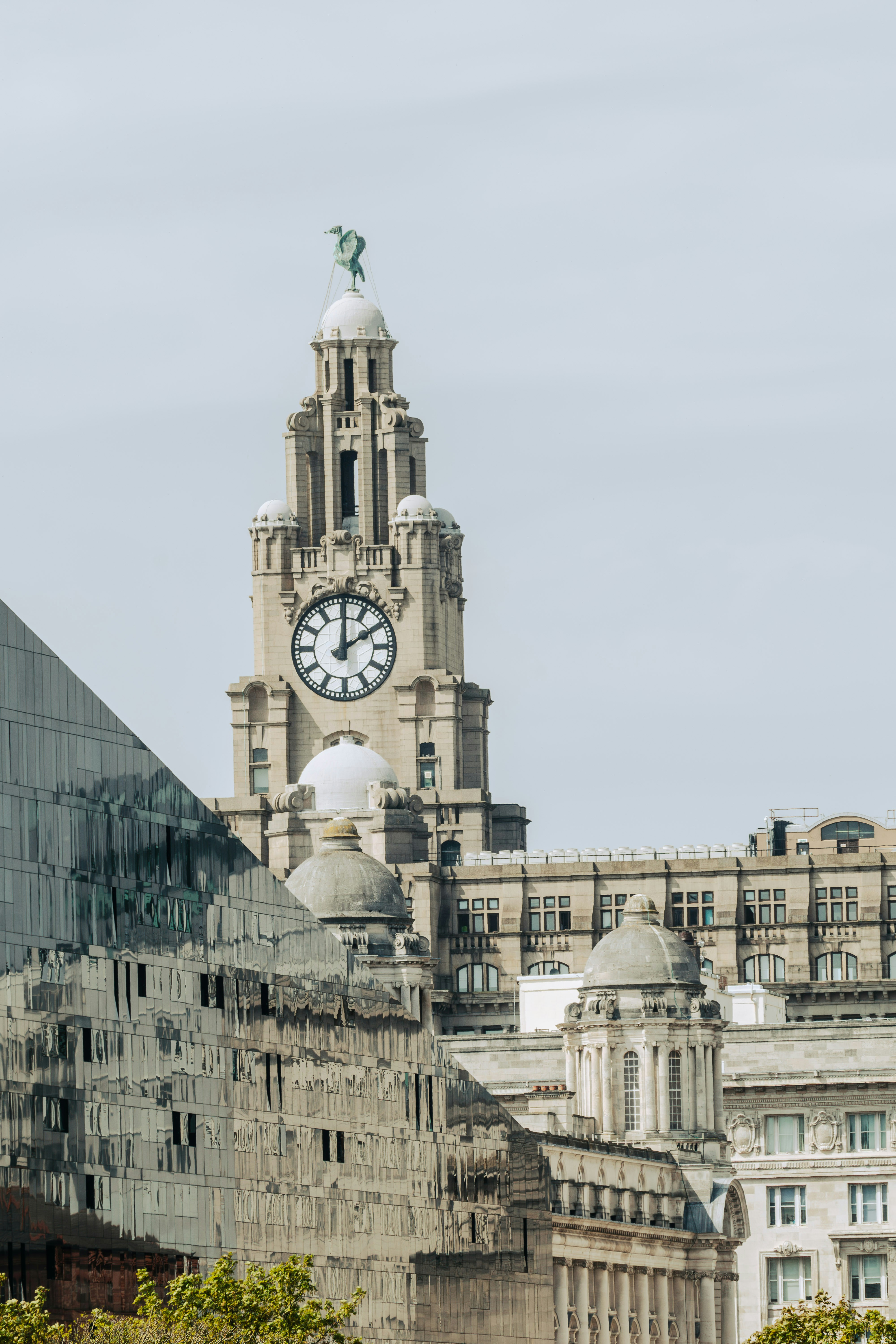 Clock Tower Rising above Modern Facades