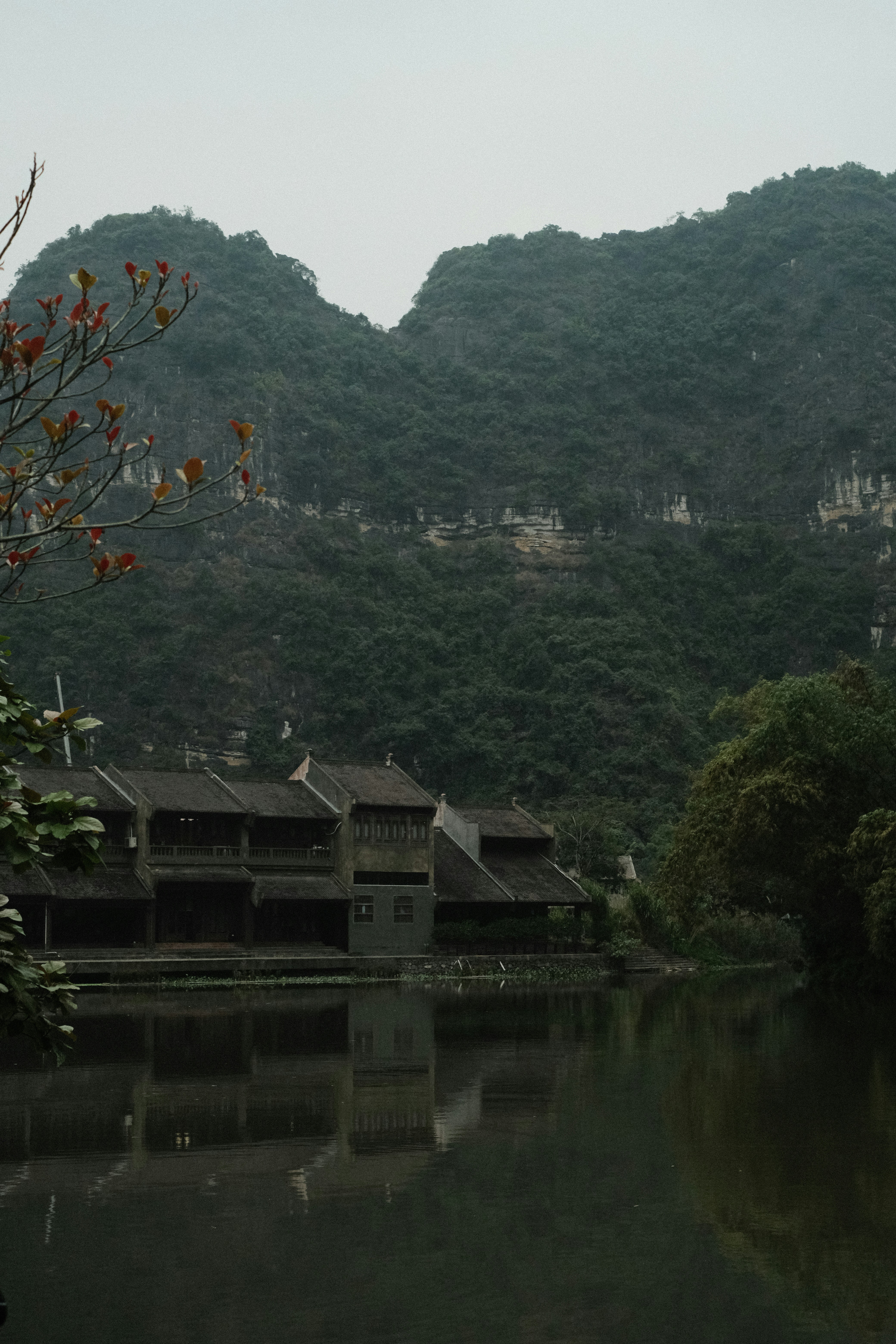 Riverbank Monastery Amid Forested Cliffs at Dusk