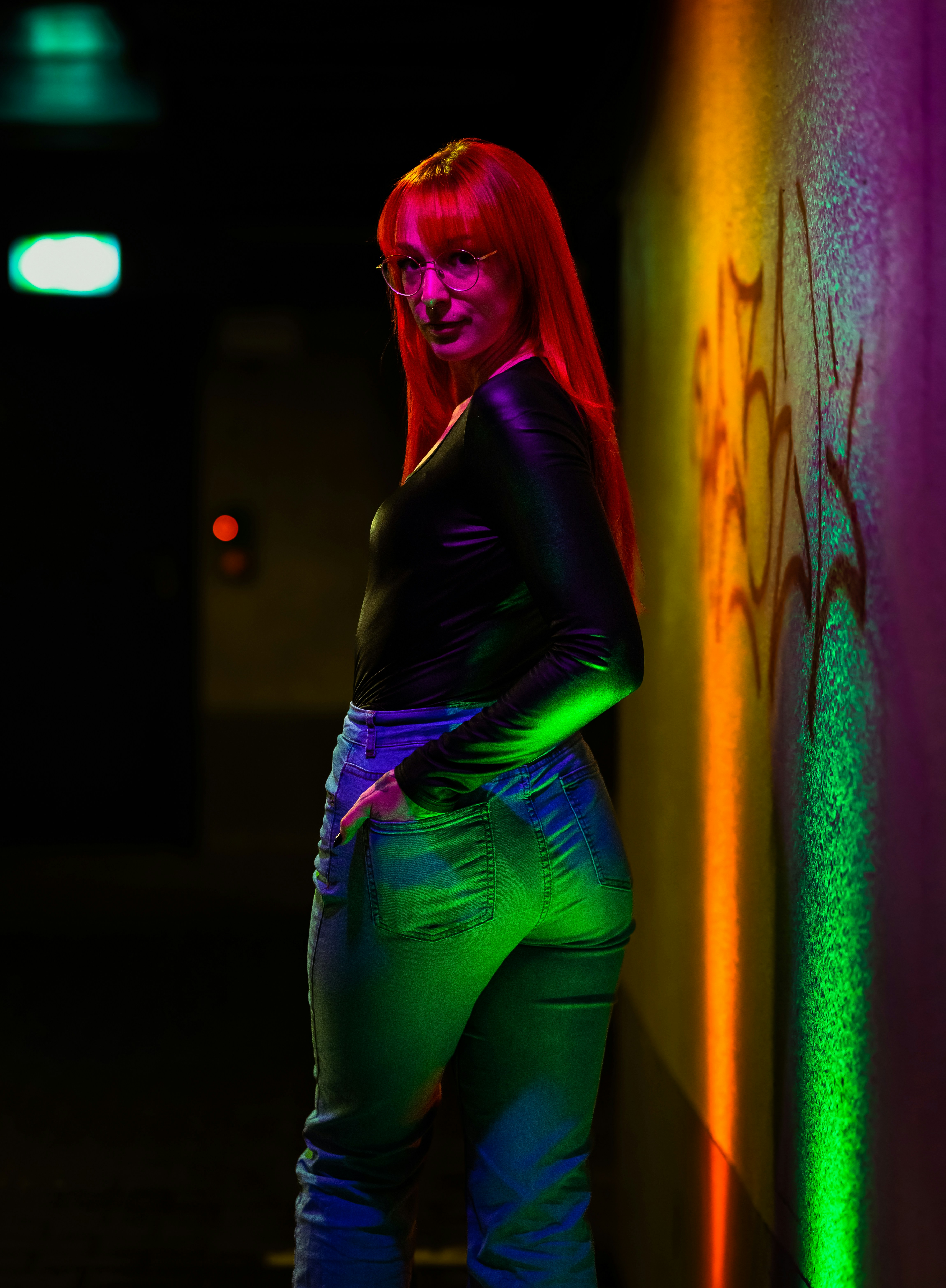 Neon-lit Portrait in an Industrial Tunnel
