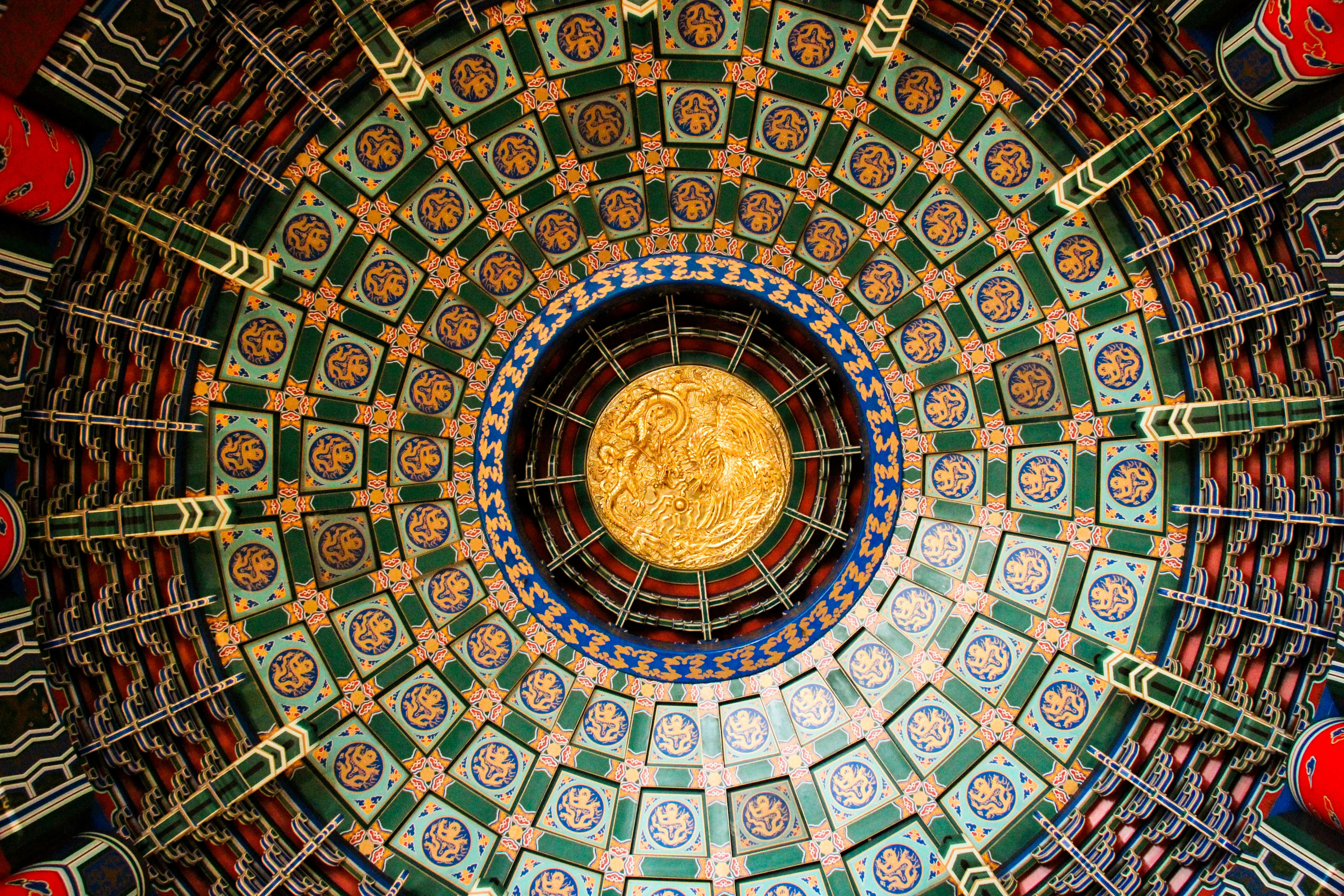 A Gracious Conical Ceiling: Orb at the Center of a Painted Dome