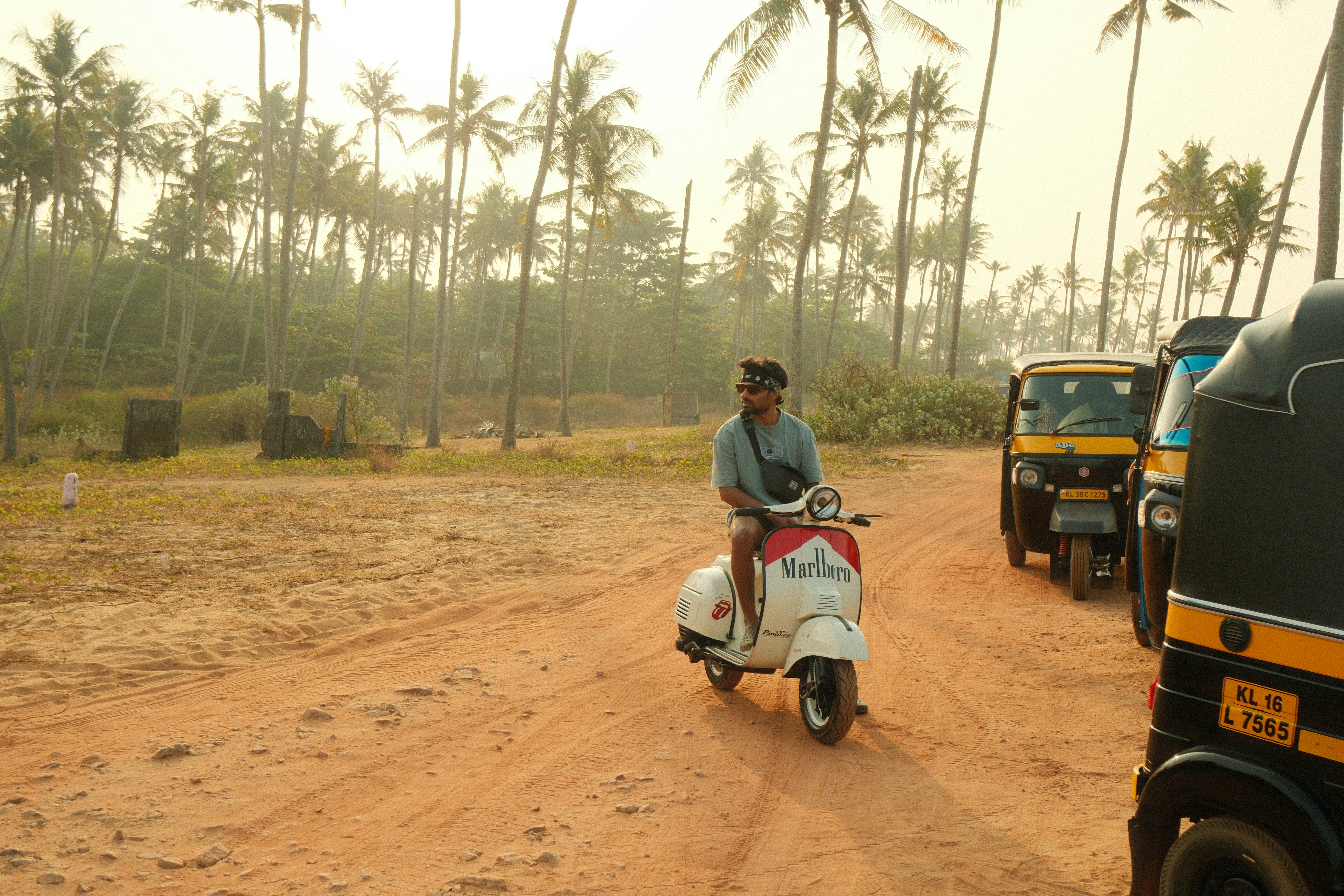 Scooter Courier on a Dusty Coastal Road Amid Palm-Strewn Vistas