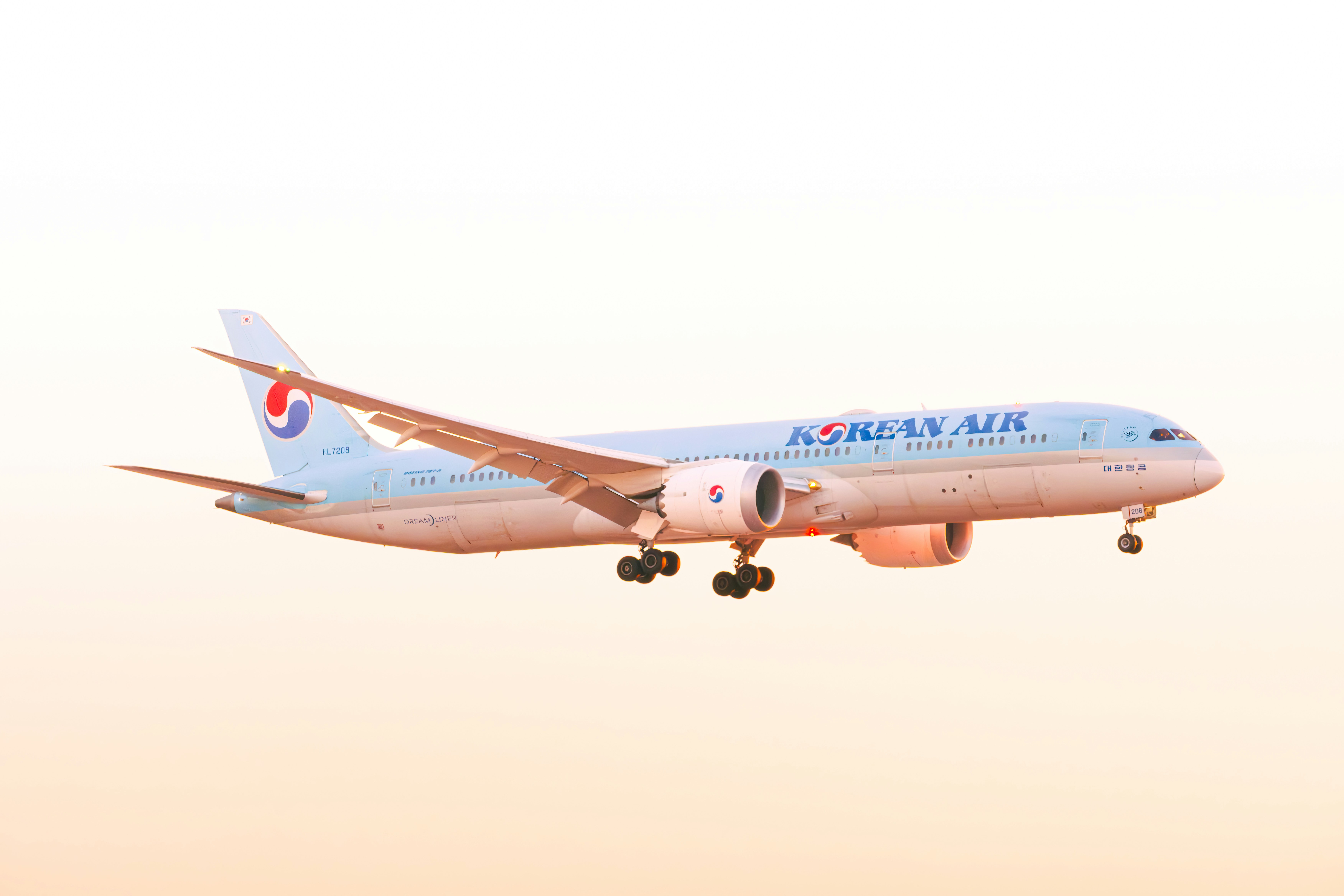 Dawn-tinted Descent: Korean Air A380 Glides Onto the Horizon