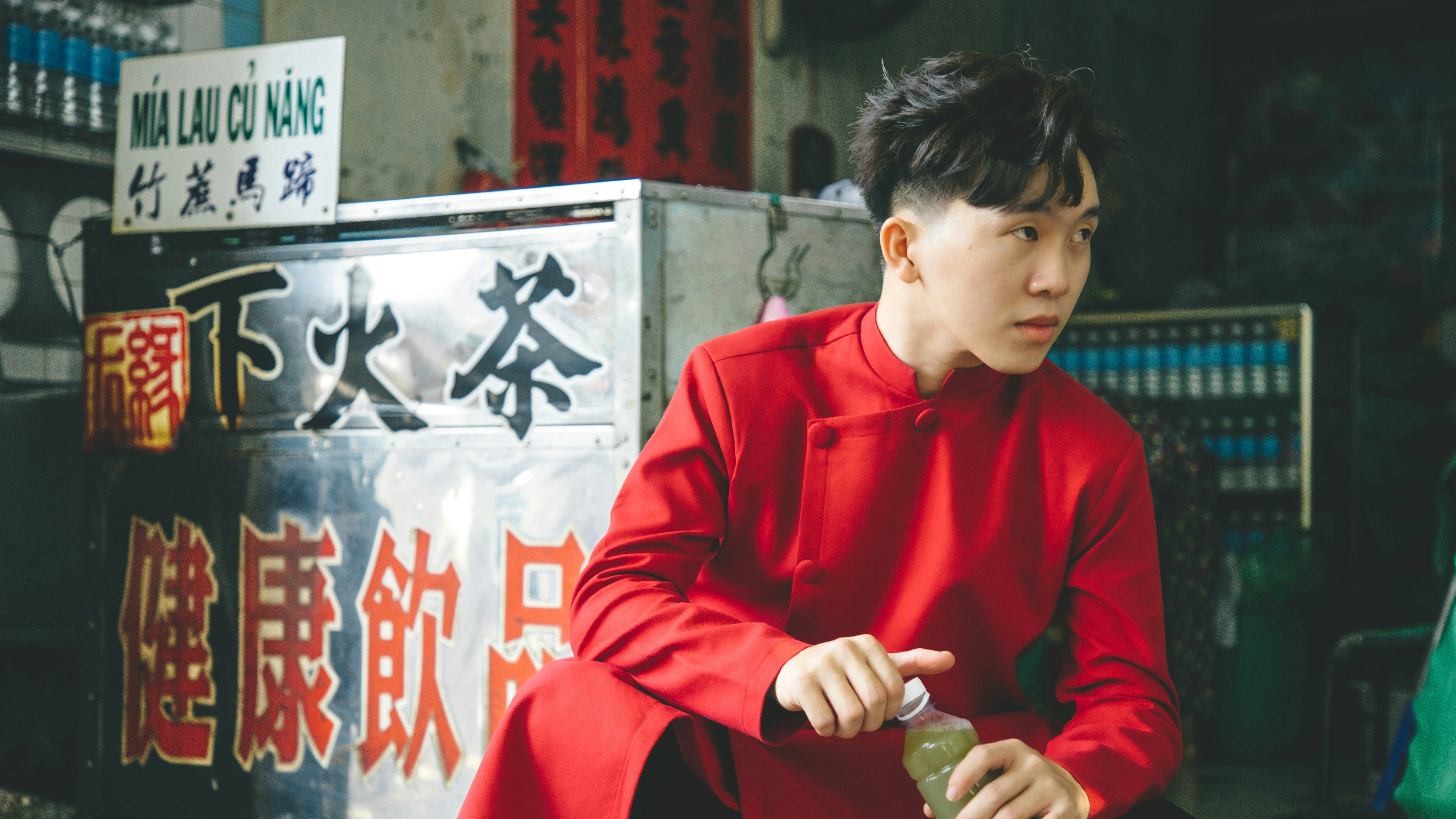 Red Garment, Street Light: A Moment in Neon Expressions