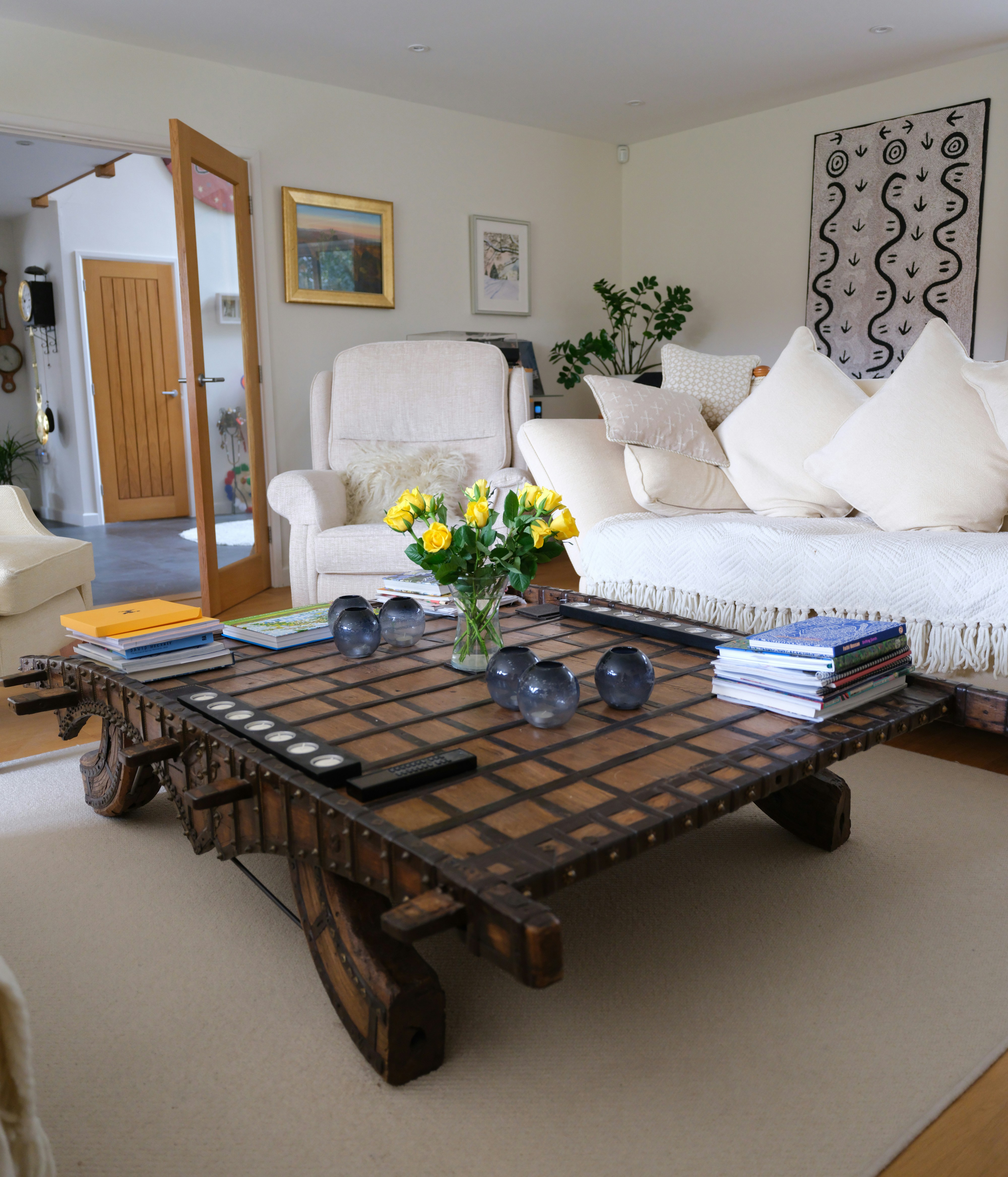 Sunlit living room safari: a rustic coffee table centerpiece