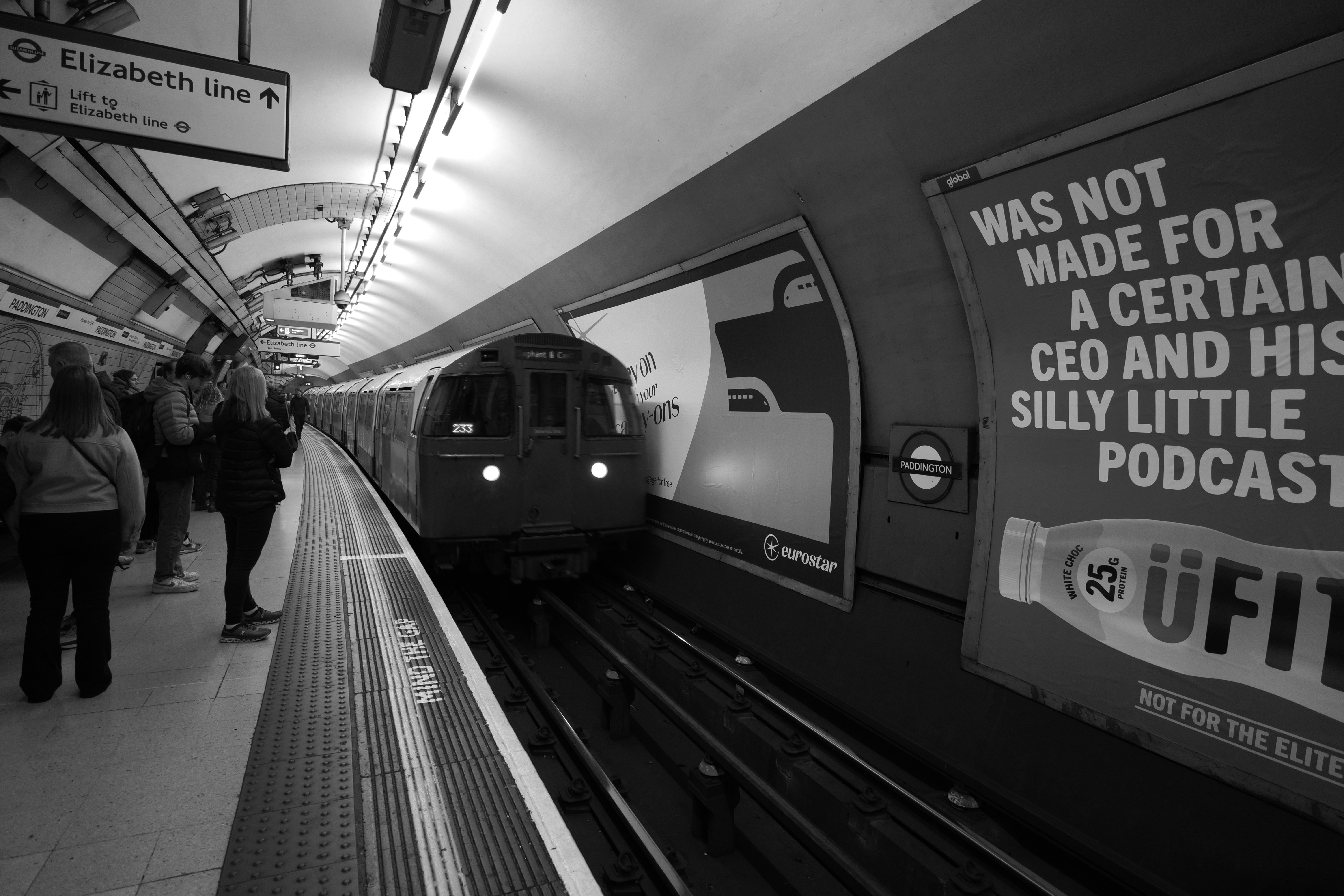 Platform Convergence: Trains, People, and Neon Ads in a Quiet Commuter Arena