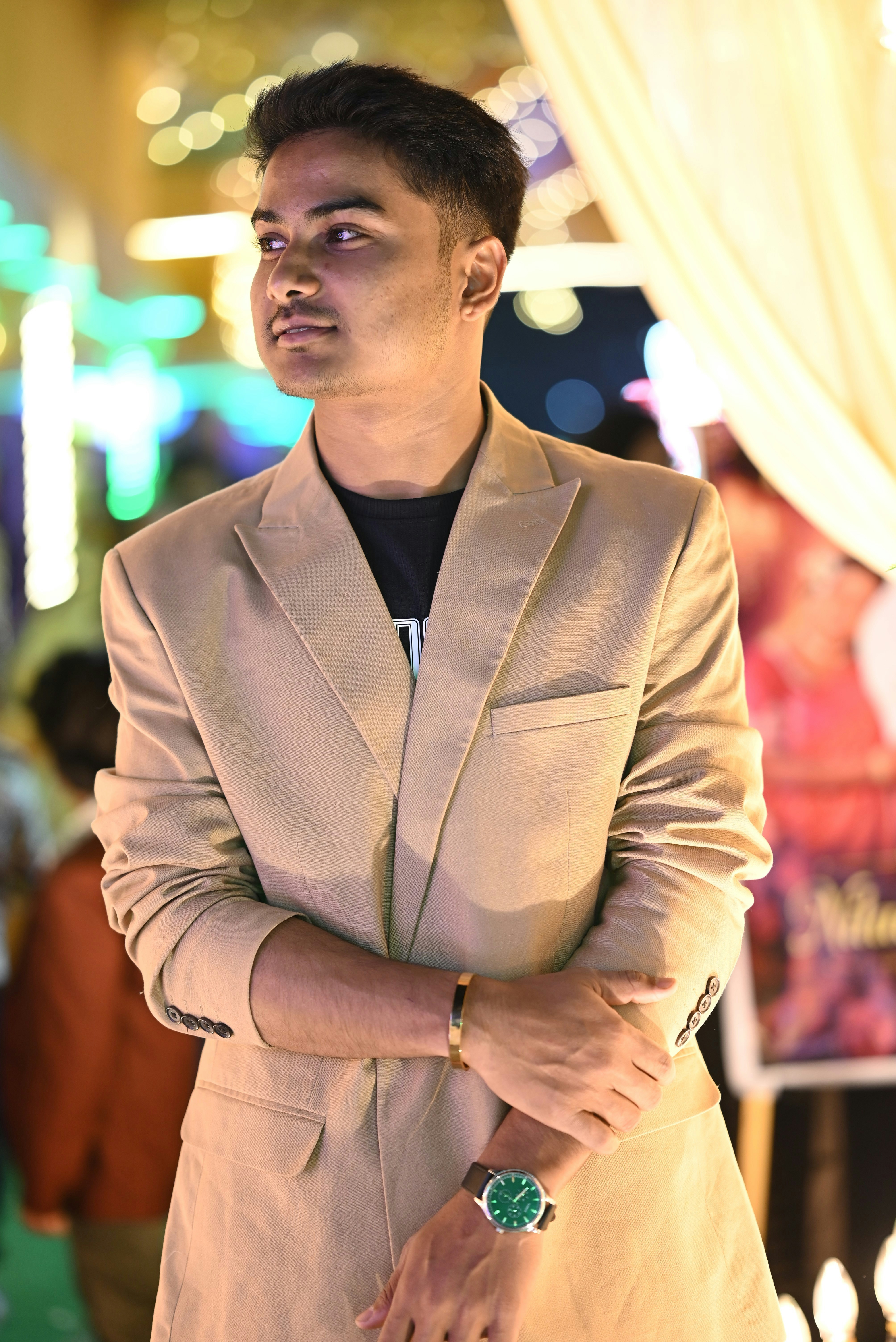 Portrait in Neon Warmth: A Confident Presence in Beige