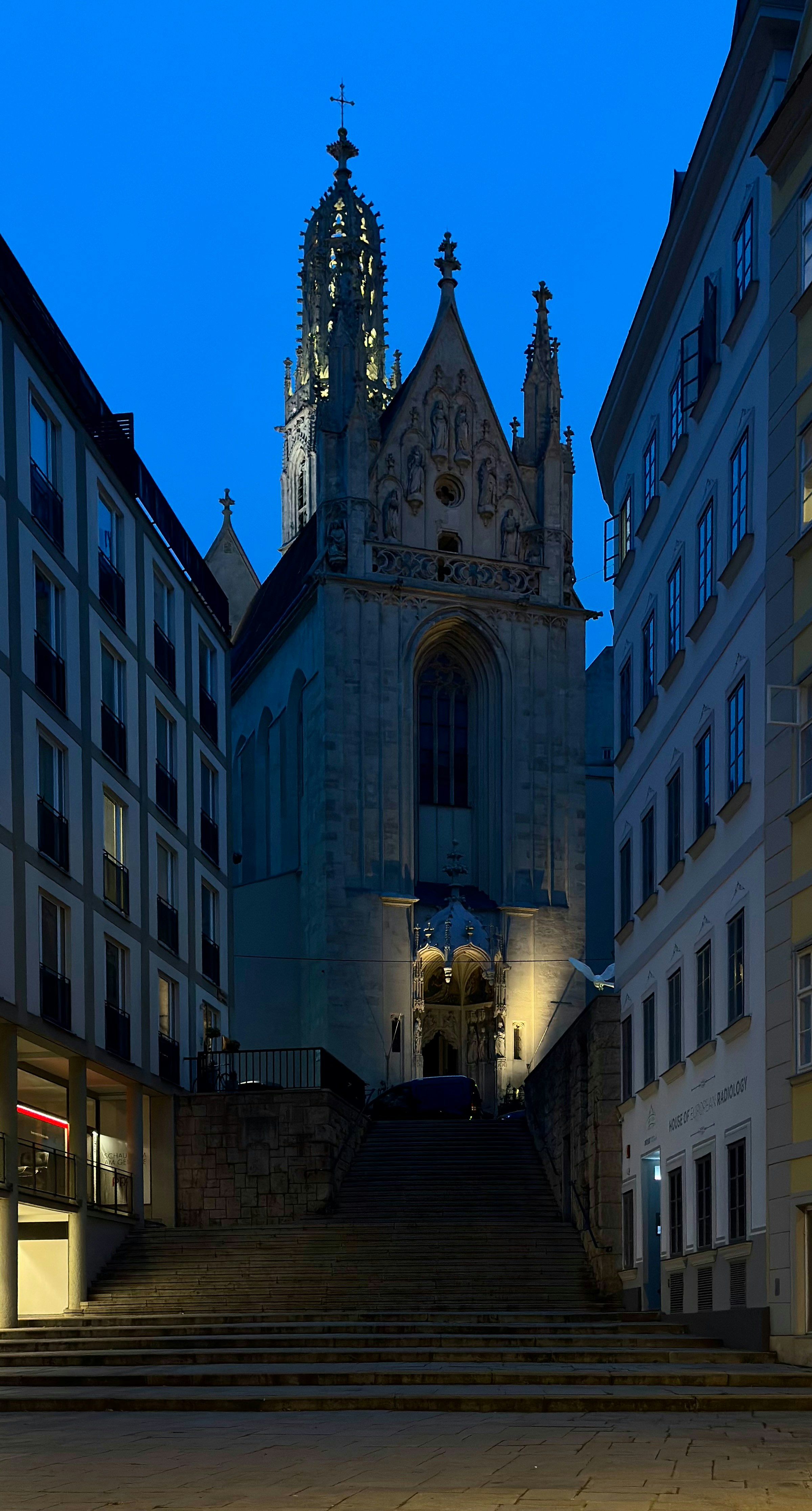 Gothic Facade Ascending from Stairs toward a Night Sky