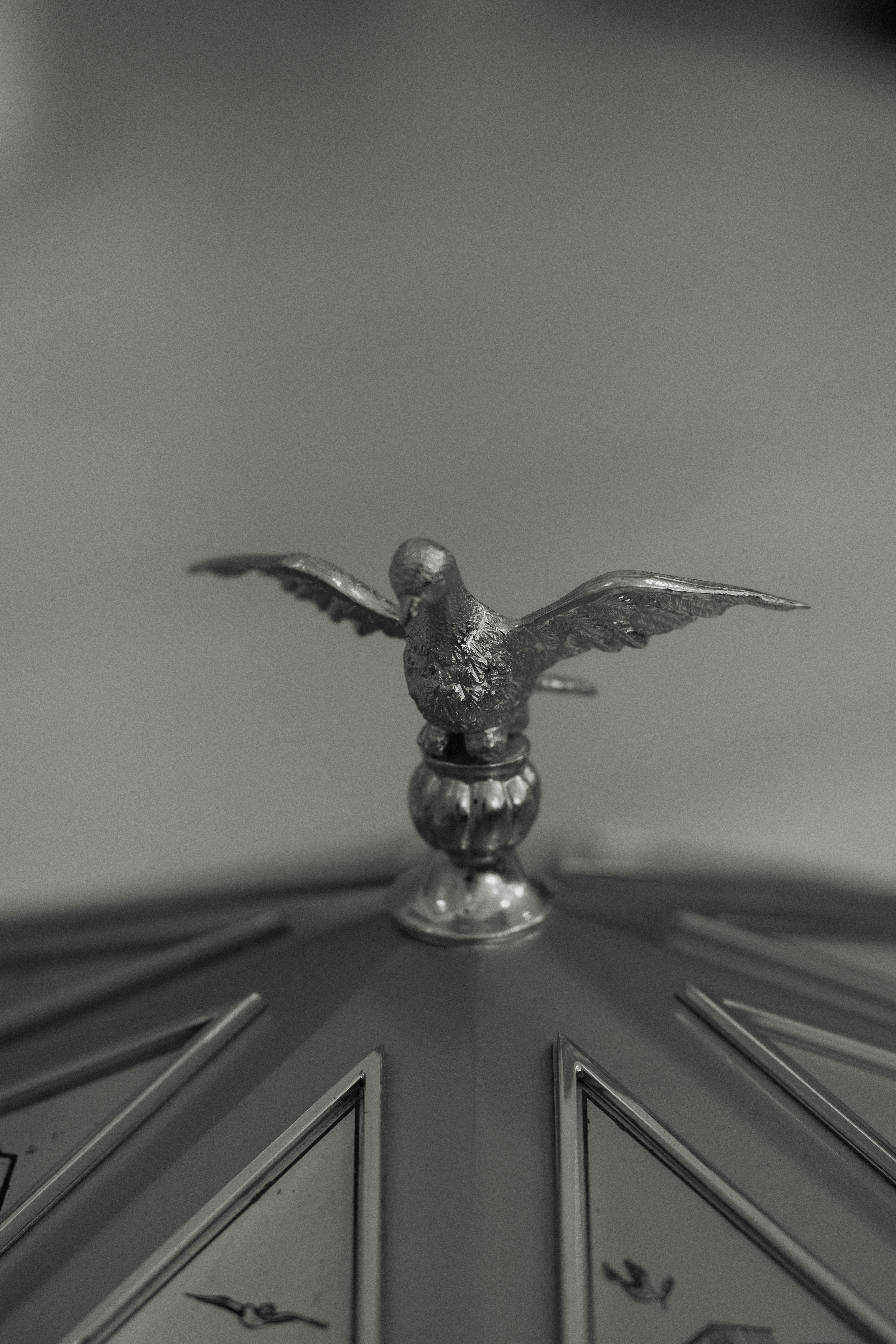 Winged finial atop a metallic emblem turns the camera eye toward a gleaming apex