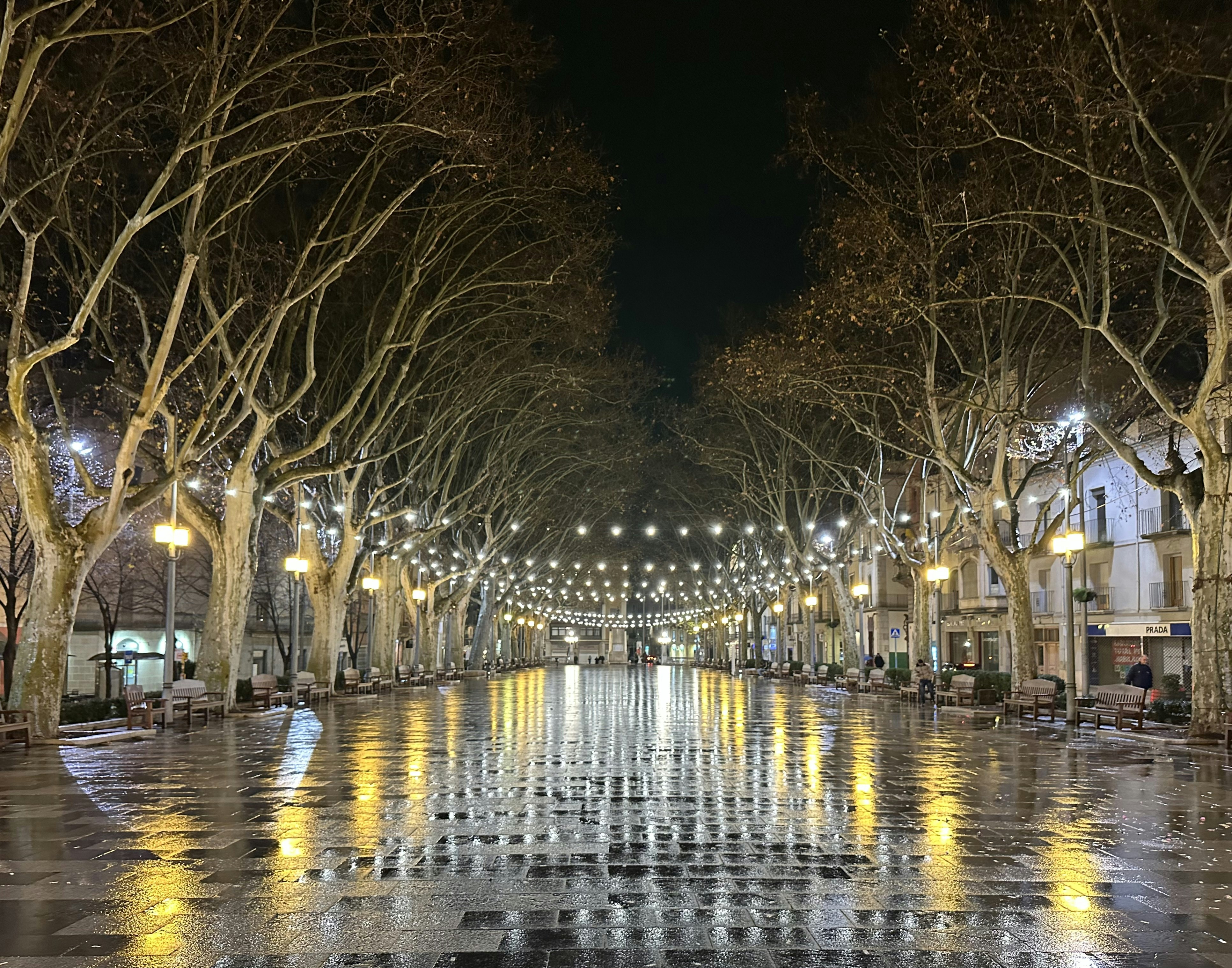 Glow Between the Lanterns: Rain-Slick Promenade Under Nightfall Bistro Lights