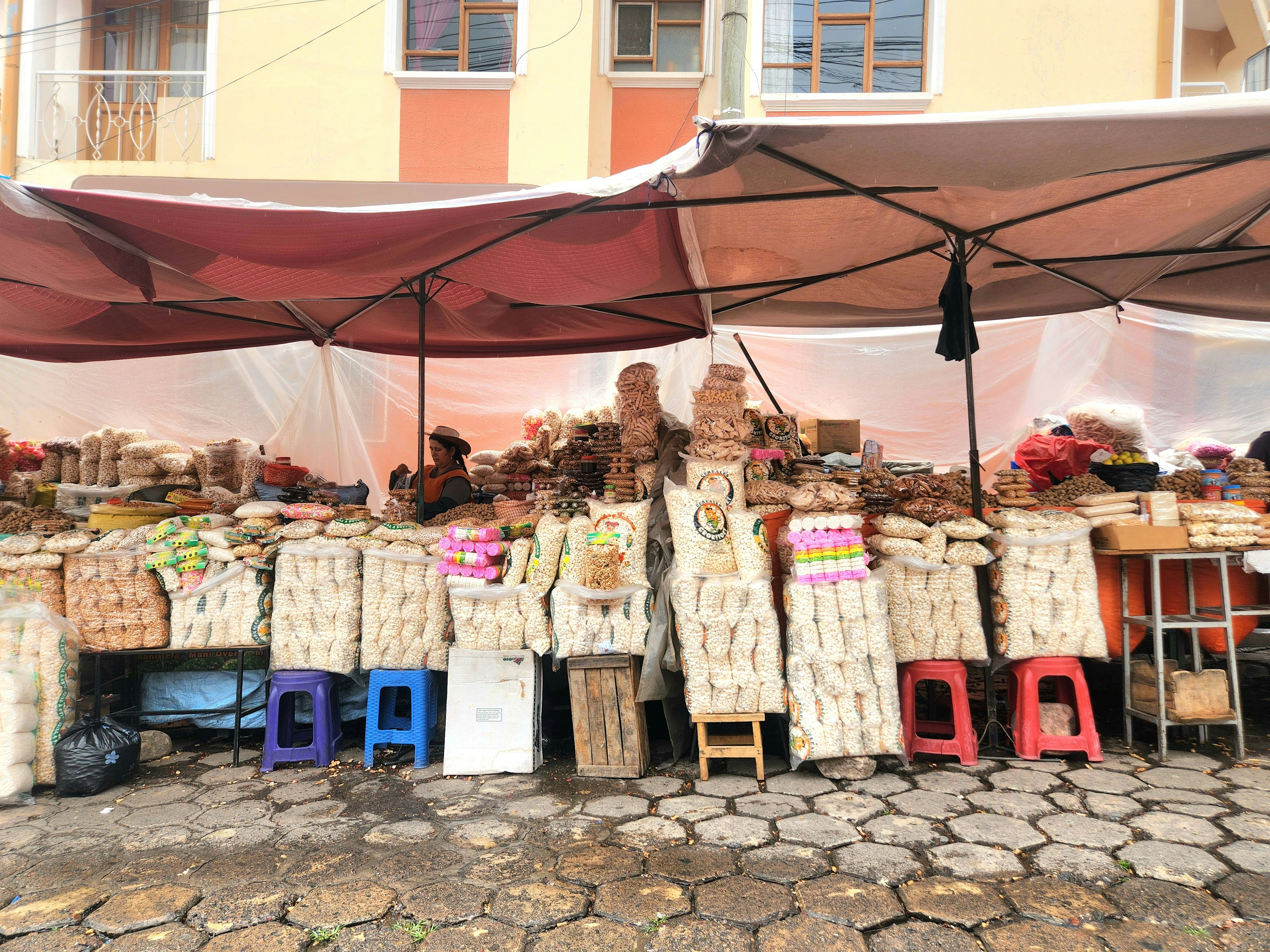 Market Stall Palette: Bags and Baskets Under a Tented Canopy