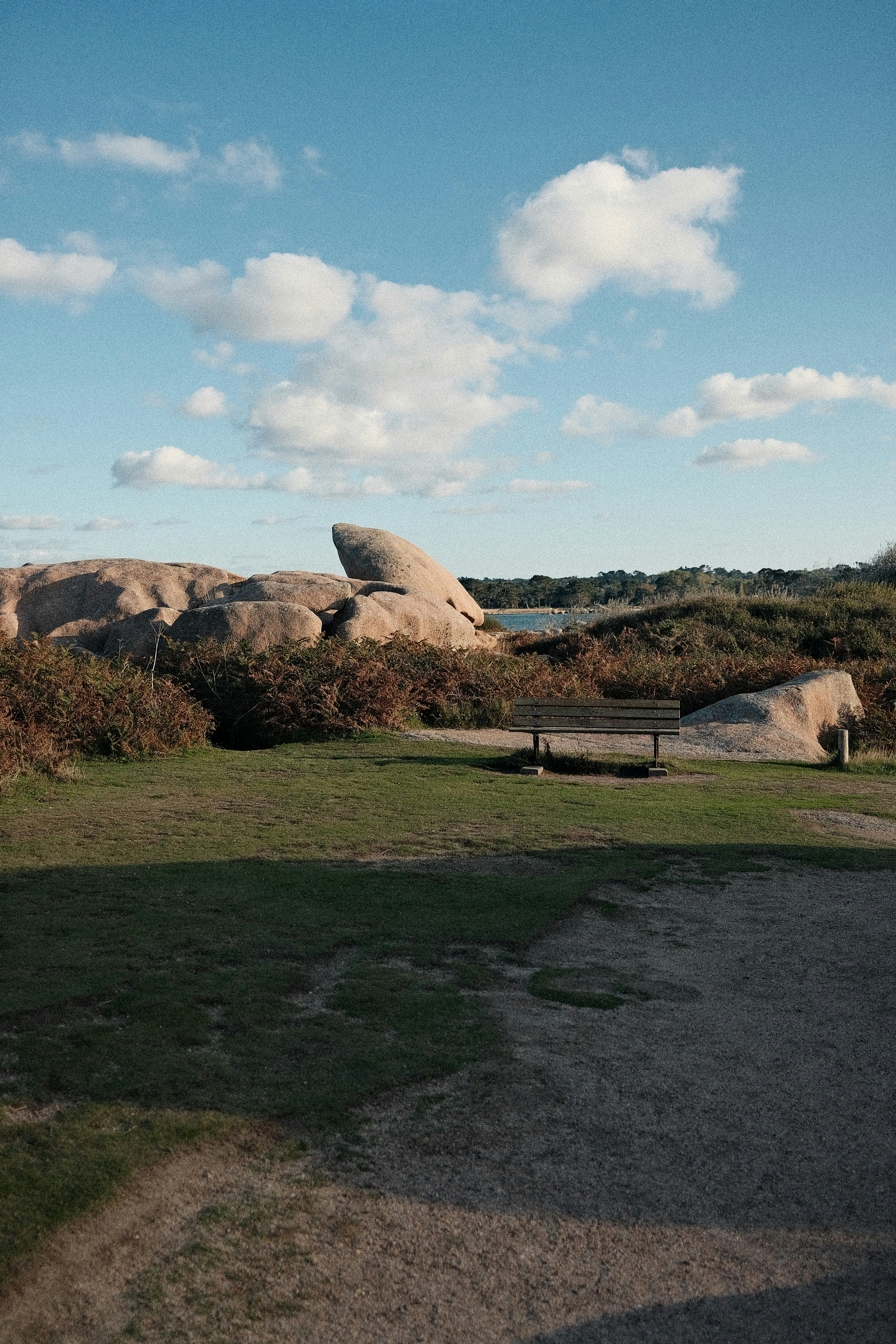 Coastal Rocks and Seaside Bench at Dusk