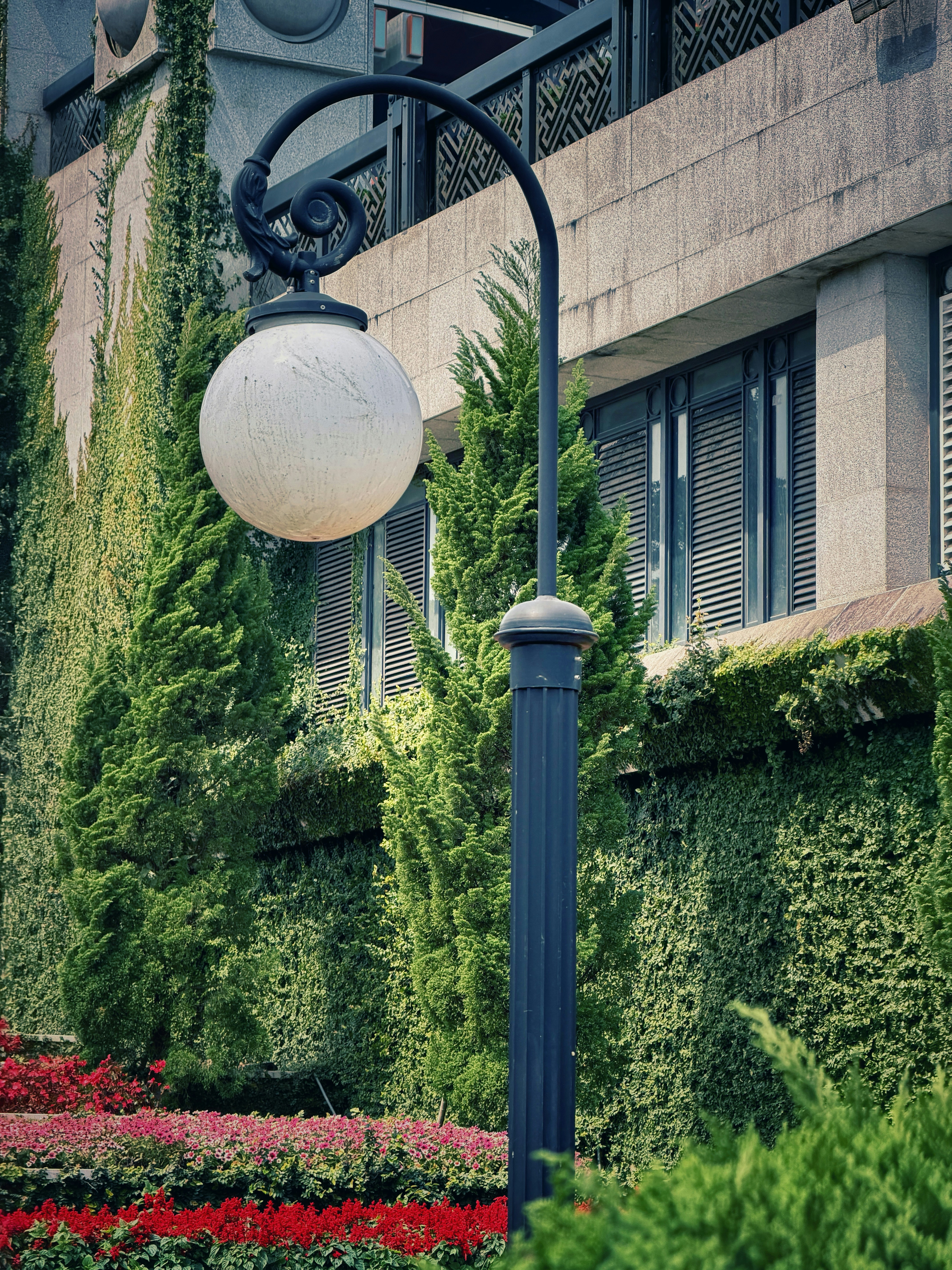 Curved Lantern in a Verdant Courtyard