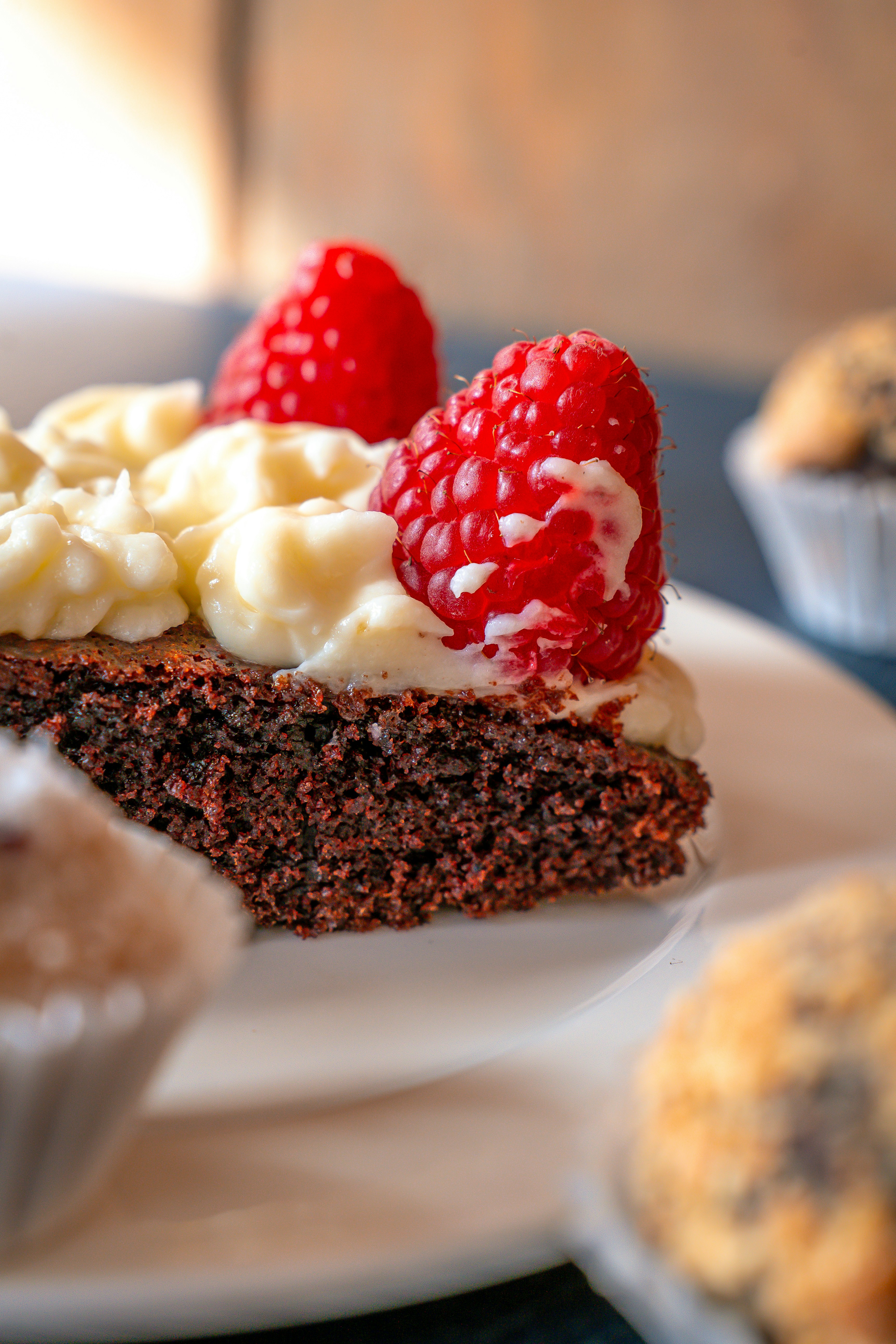 Raspberry Crown on Chocolate Cake Slice
