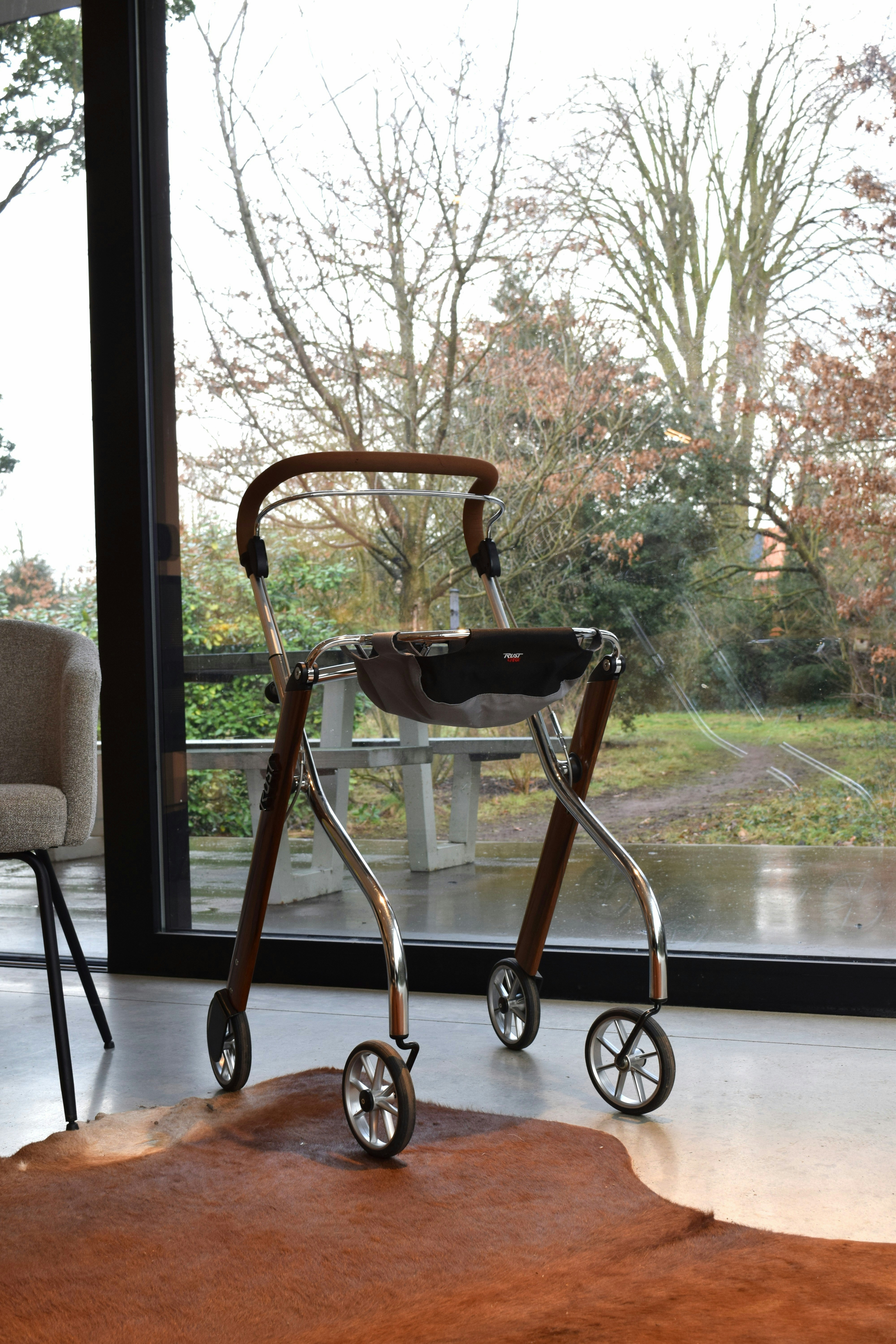 Indoor Light and Mobility: A Walker Stands by the Glass Wall