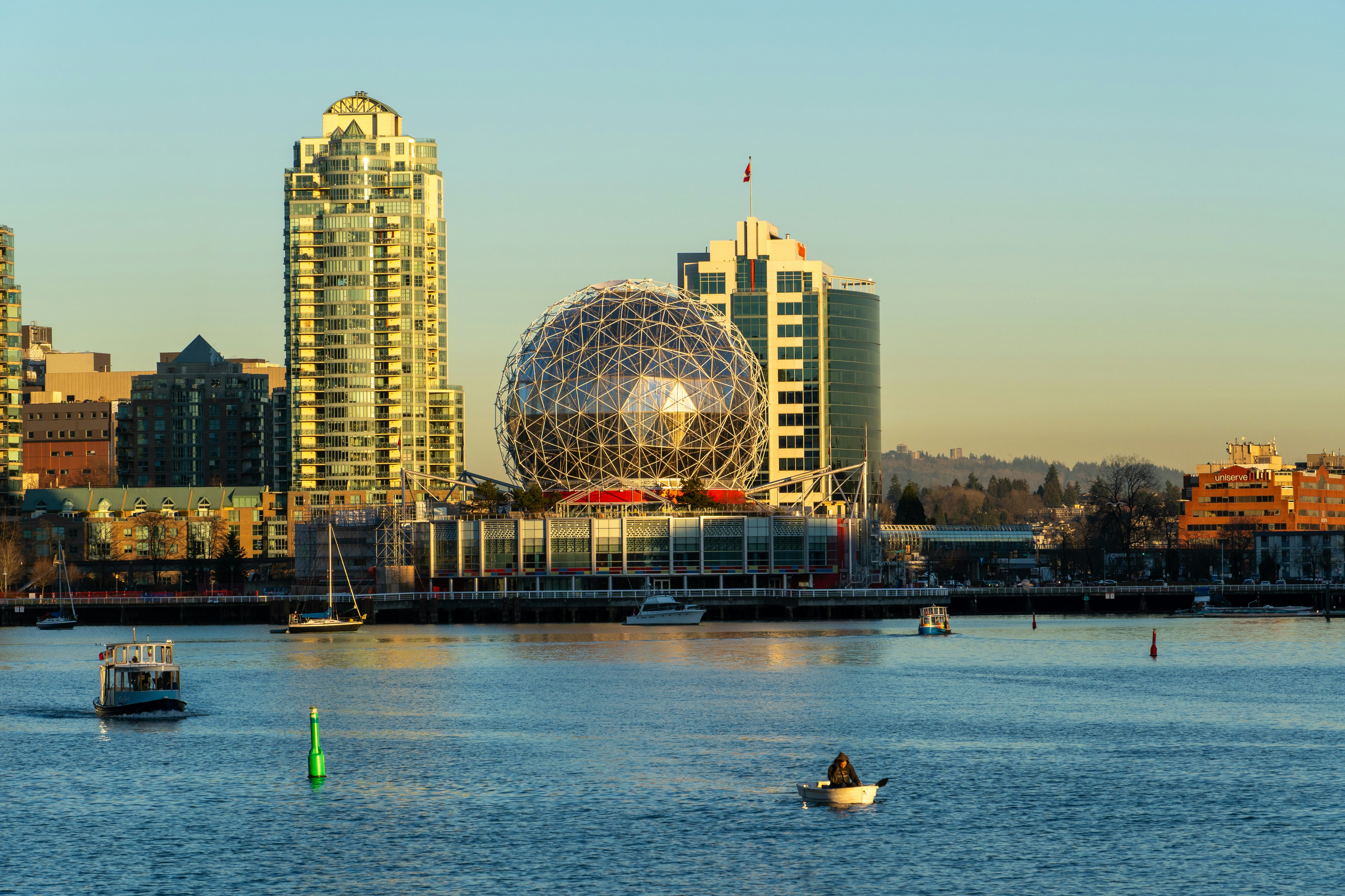 Geodesic Dome Skyline: Maritime Urban Core at Dusk