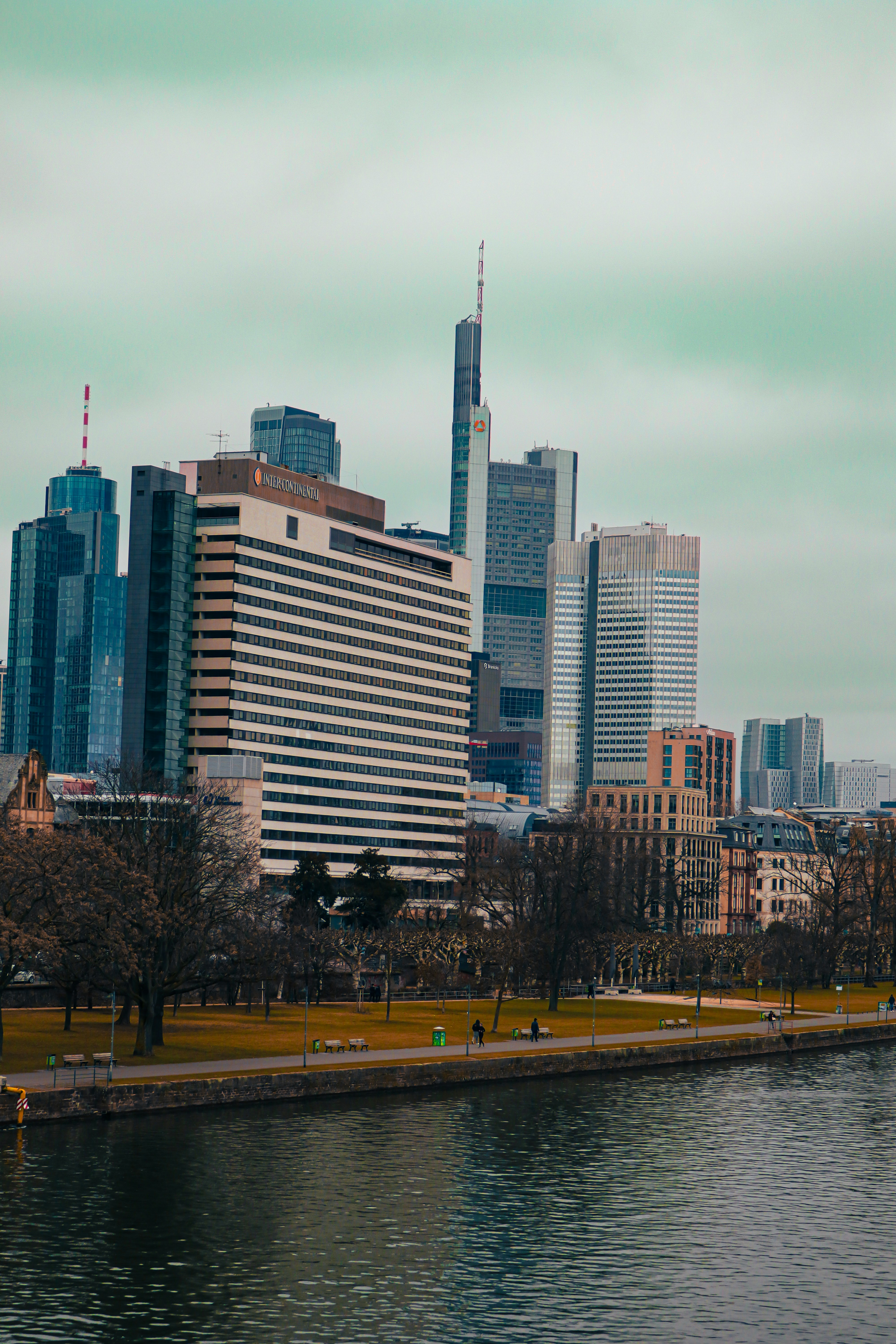 Riverfront Skyline: Towers Rise Over a Quiet Park