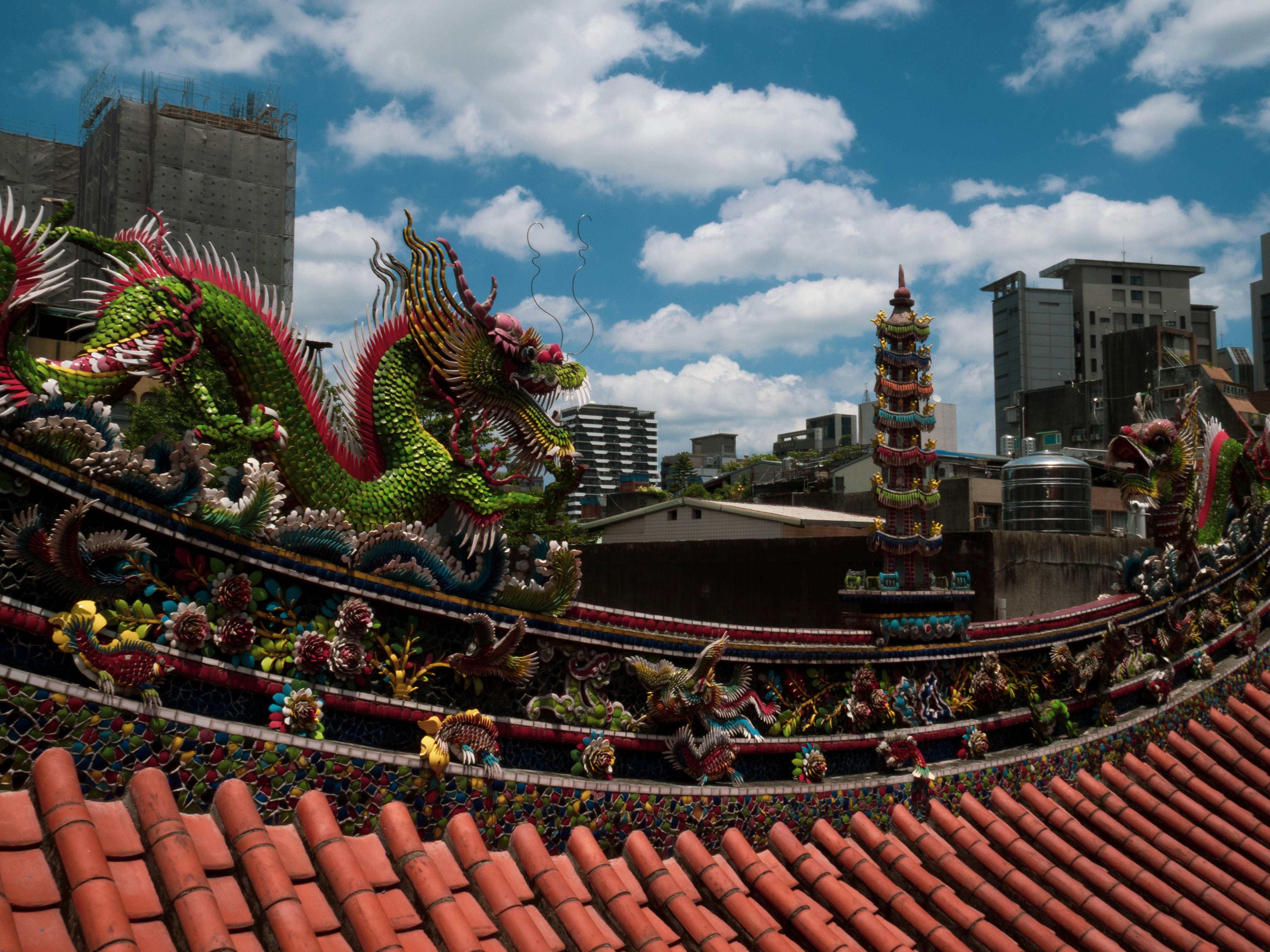 Dragon Rooflines Over a Temple Courtyard