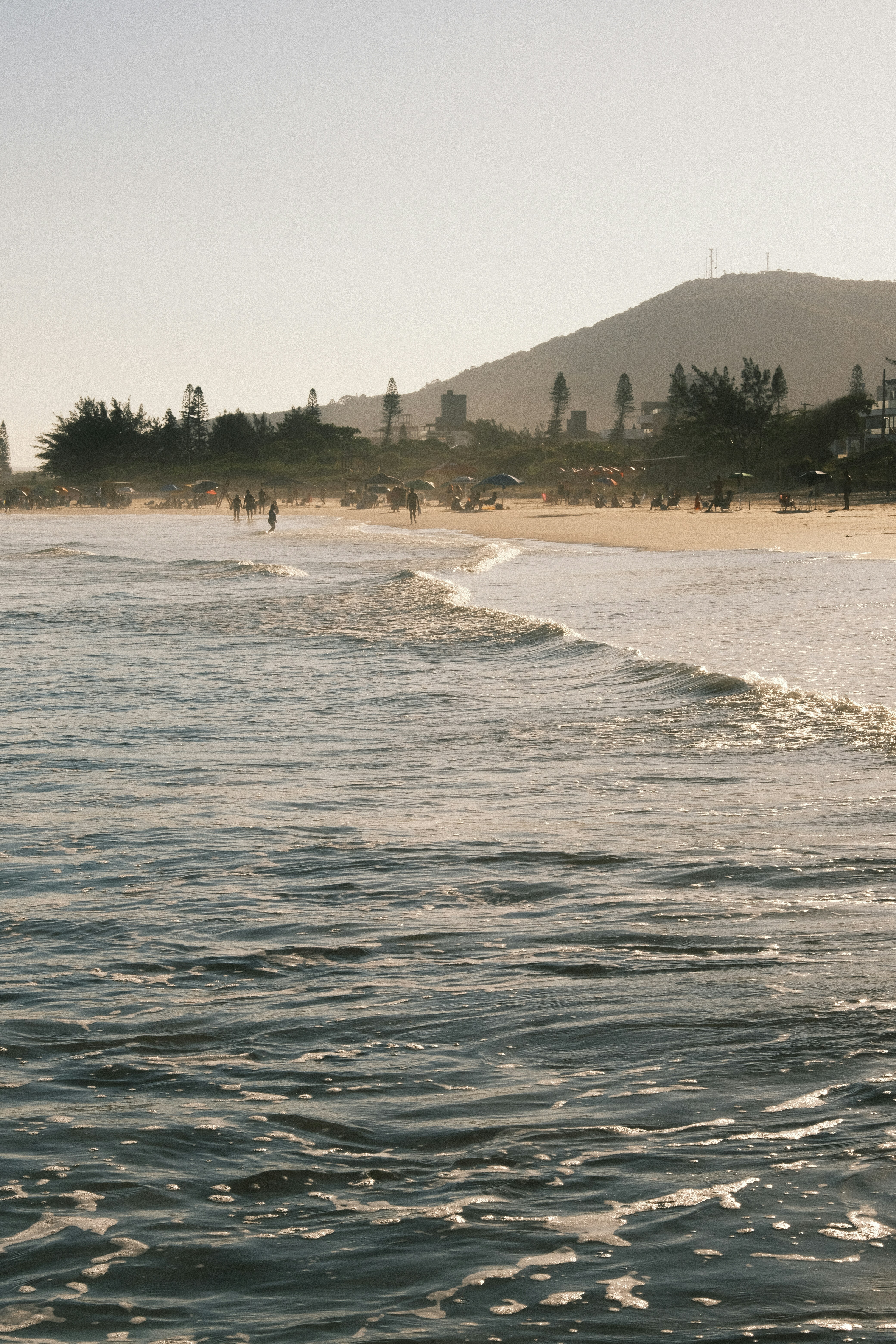 Gold-Hued Shoreline at Dusk: Gentle Waves and Silhouetted Beachgoers