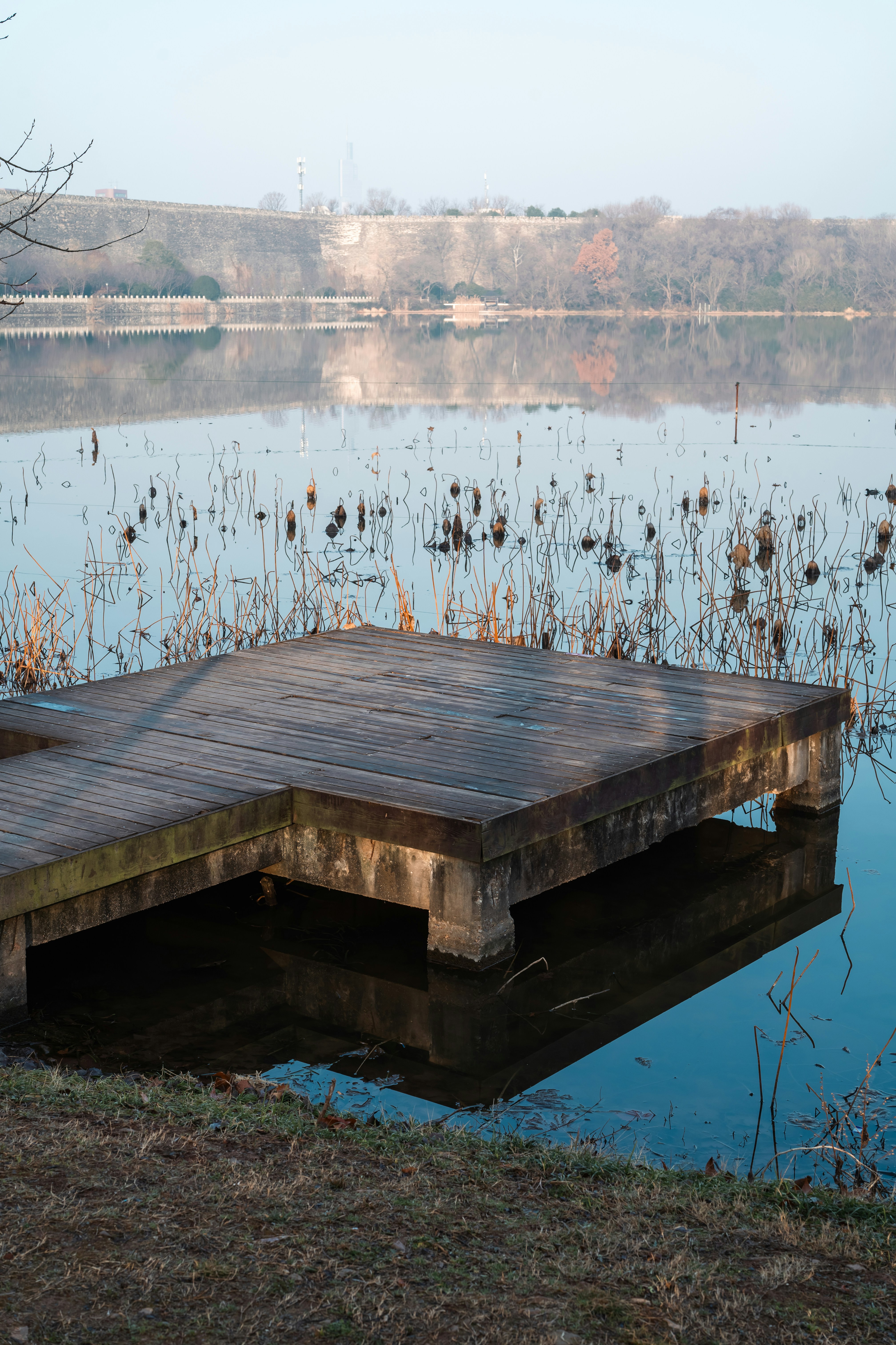 Calm Lakeside Dock Reaching Toward a Misty Horizon