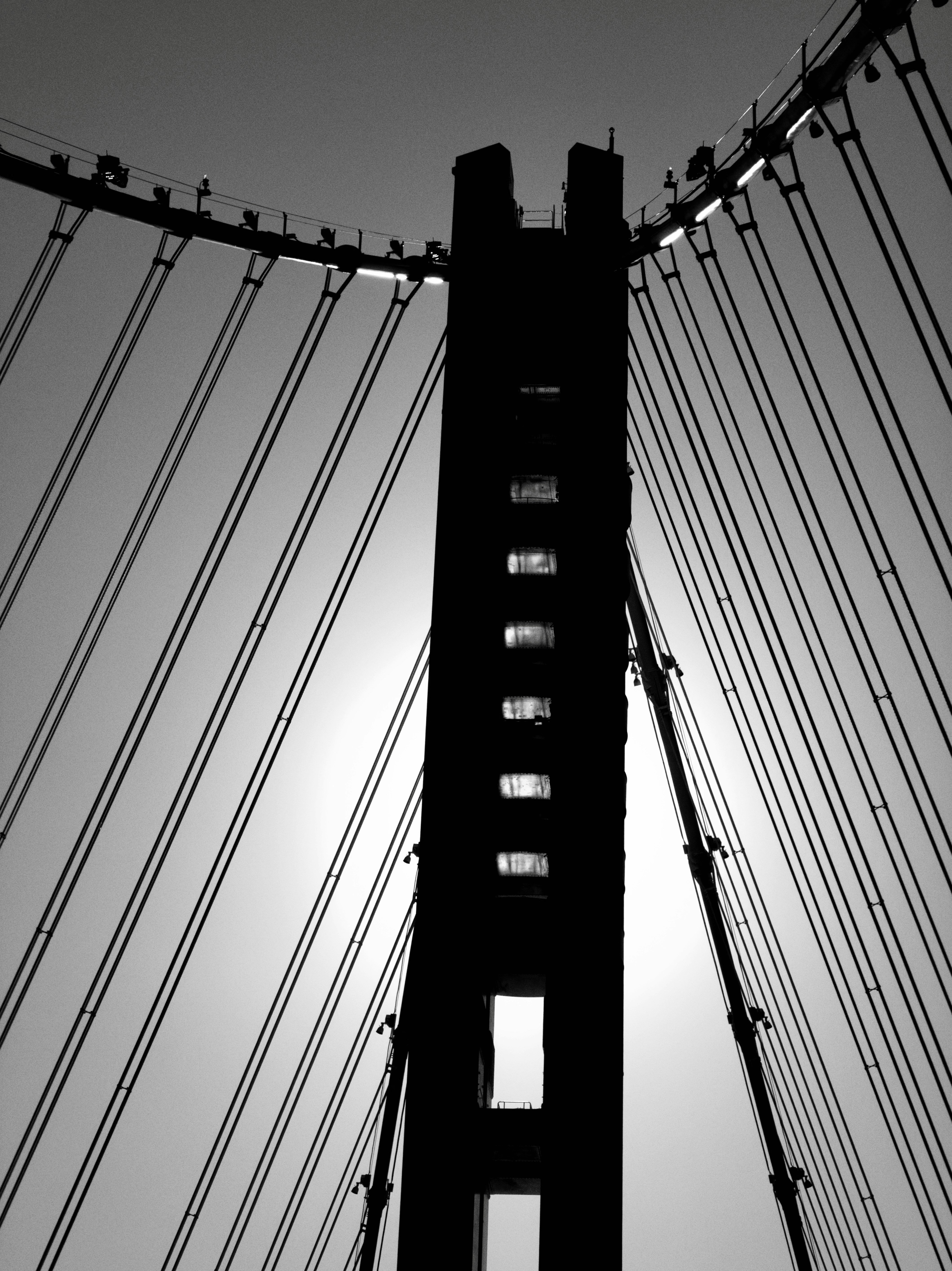 Central Cable-Driven Tower Struts in High-Contrast Black and White