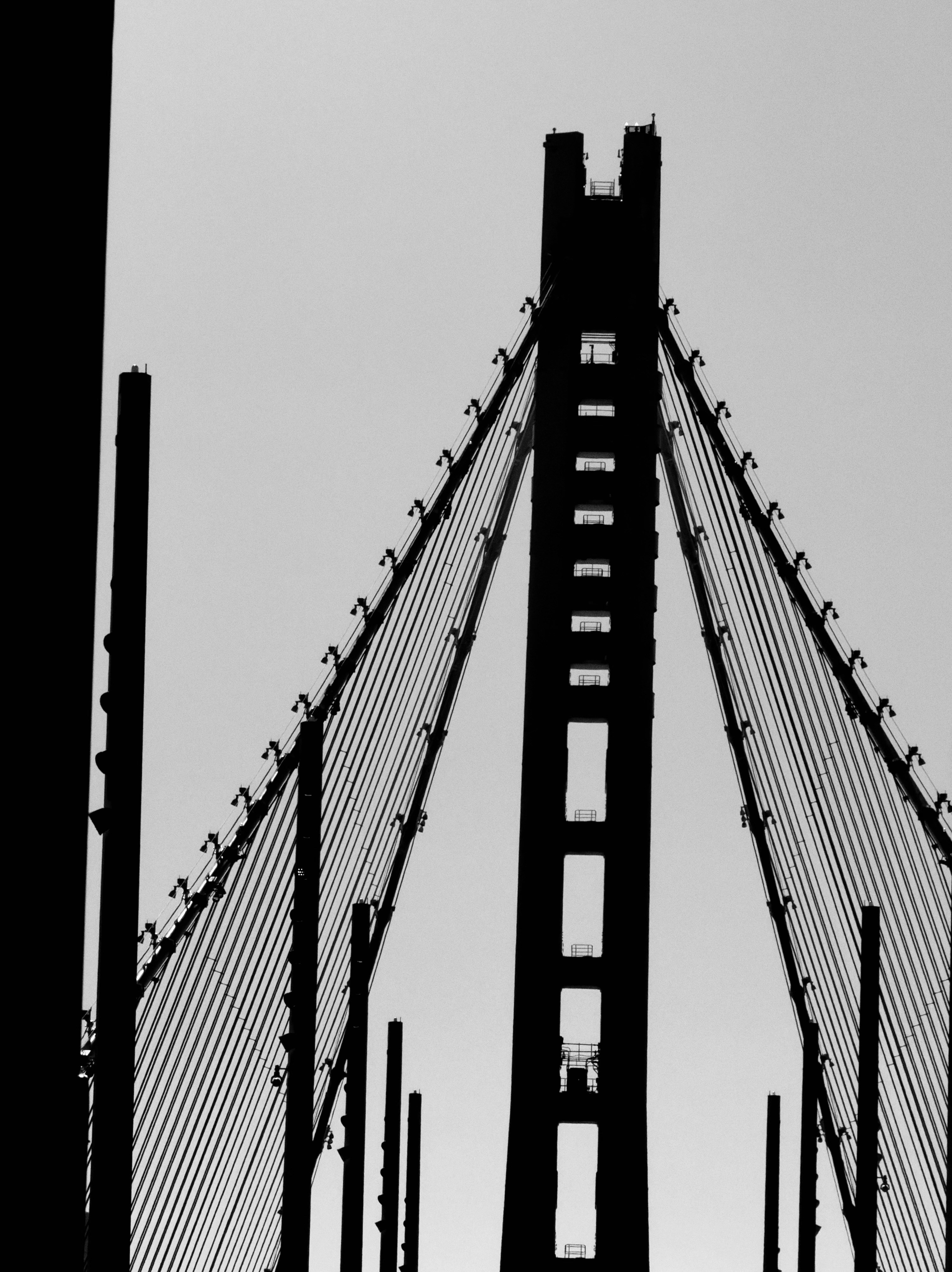High-contrast black-and-white close-up of a cable-stayed bridge’s central tower with supporting cables. Focus is on structural geometry and negative space, presenting an architectural subject with stark tones.