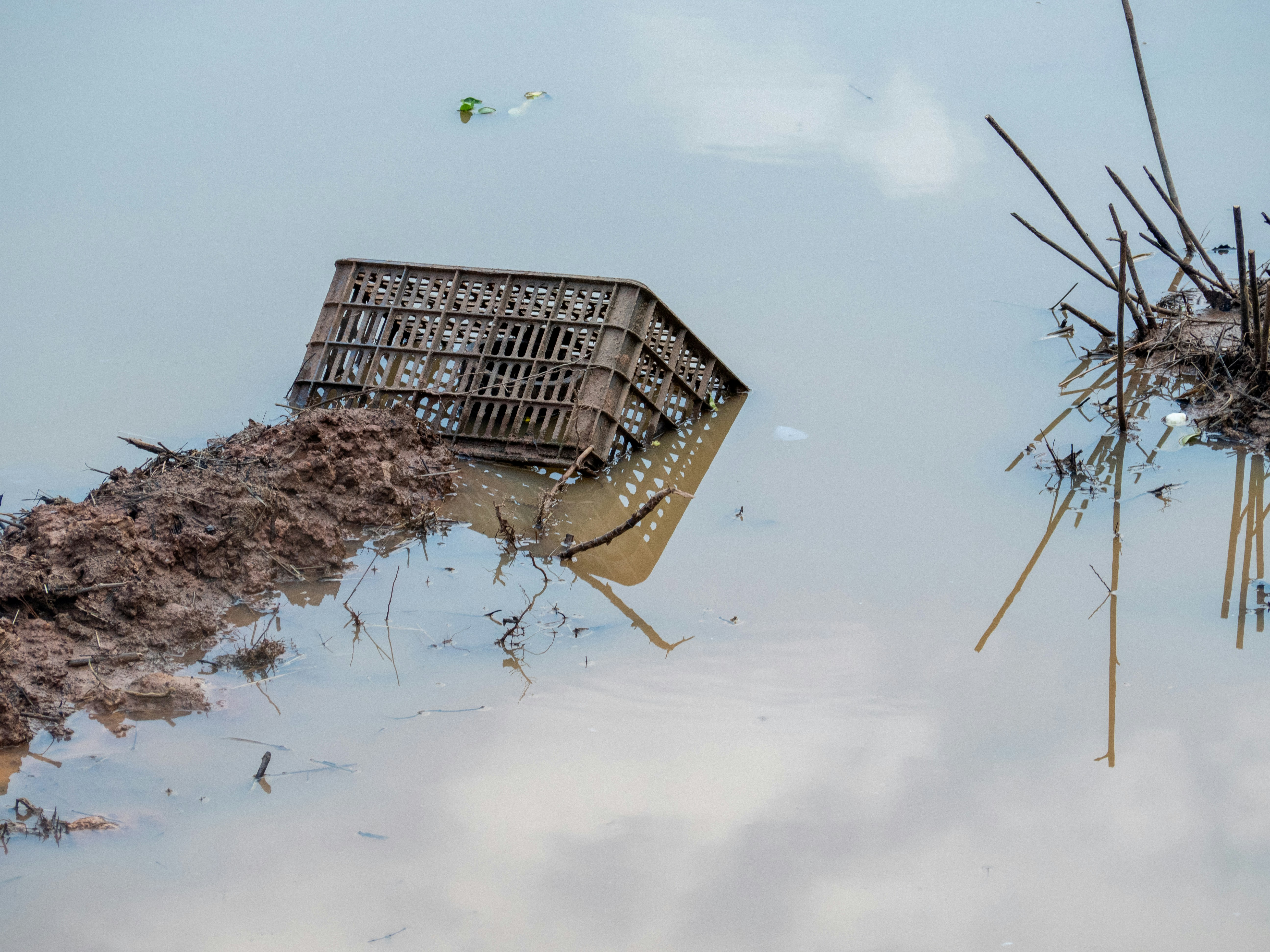 Debris and a crate floating in water