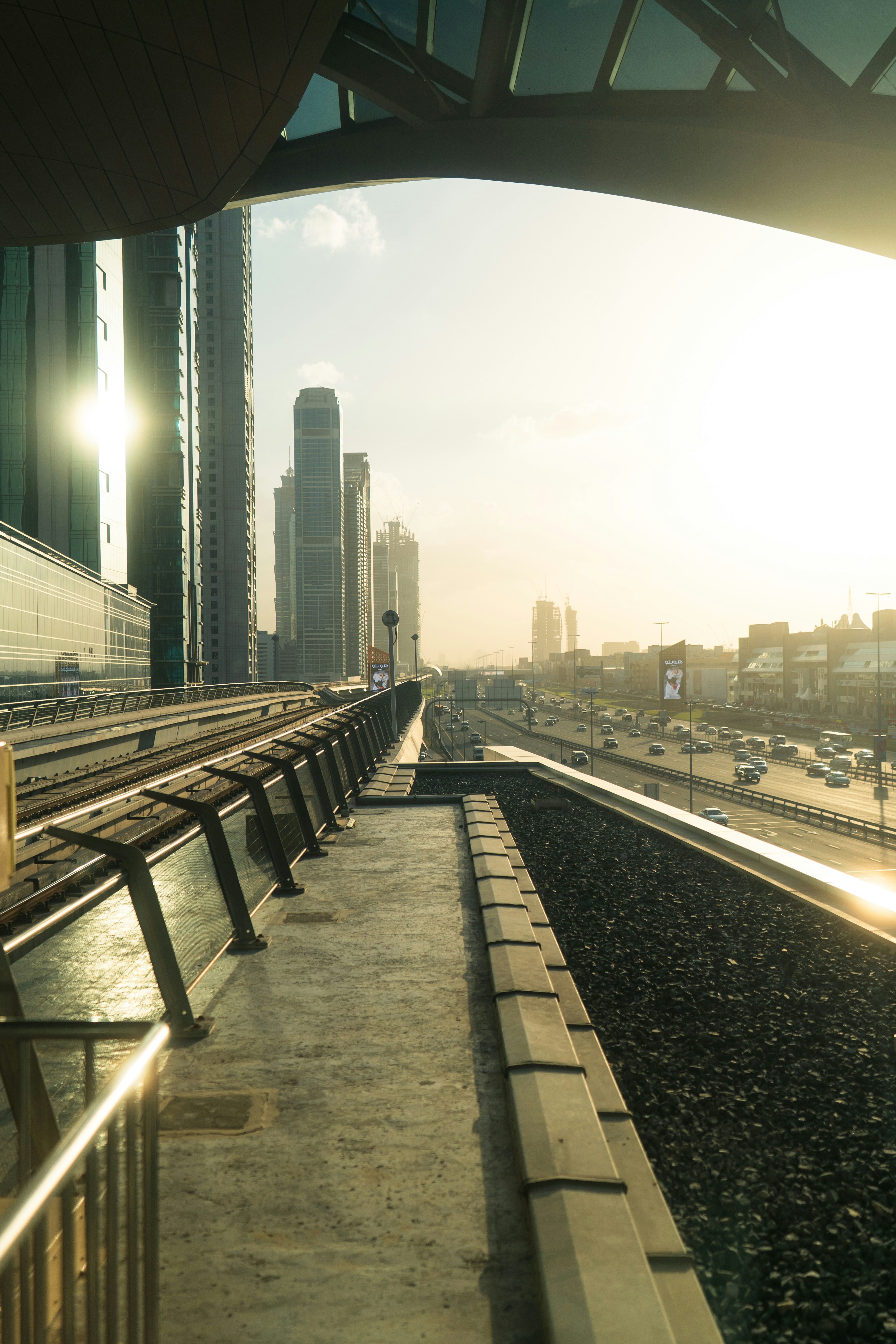 Sunlit City Corridor: A Gilded Path along the Elevated Walkway
