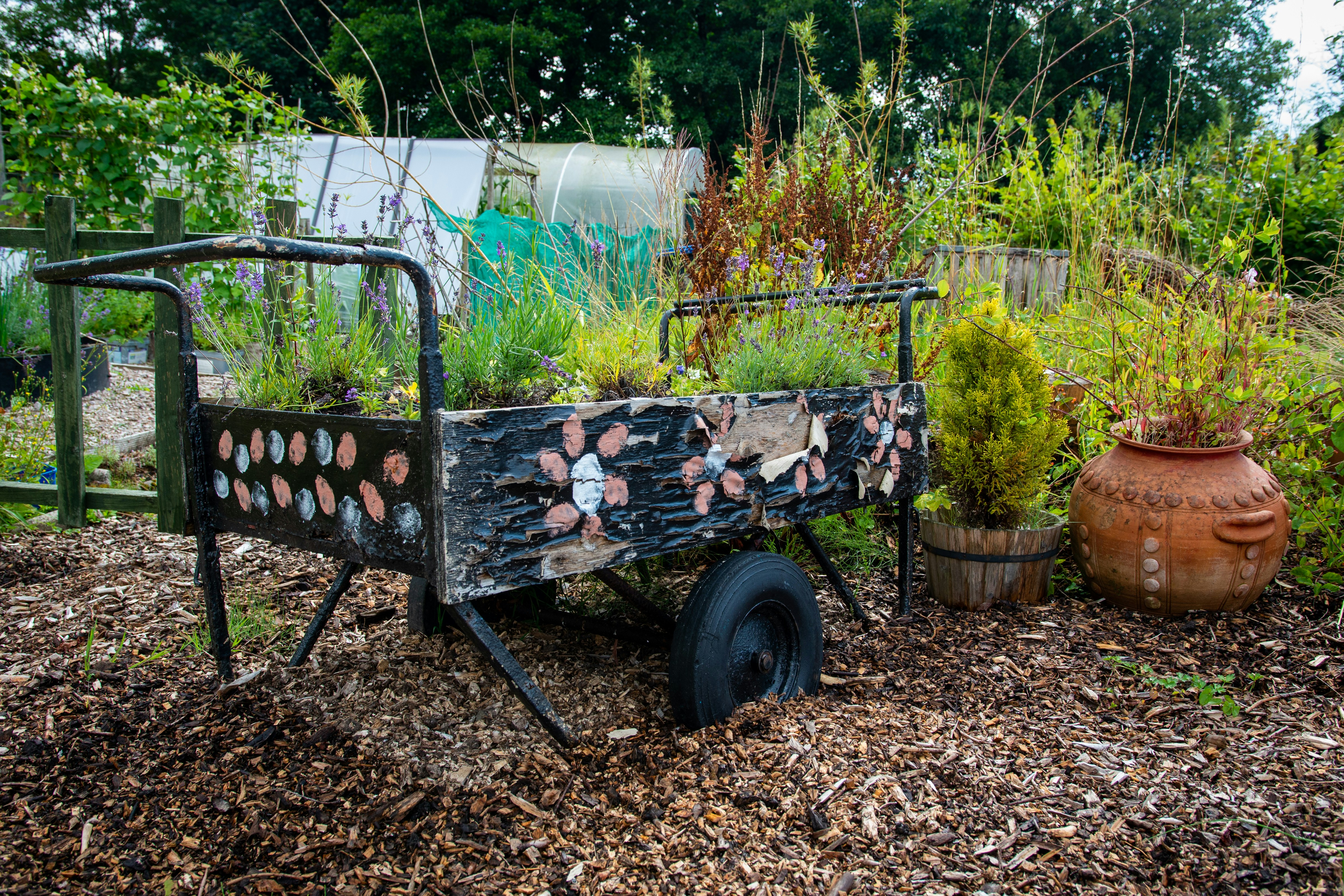Weathered Wagon Bed Ashore by Garden Pots