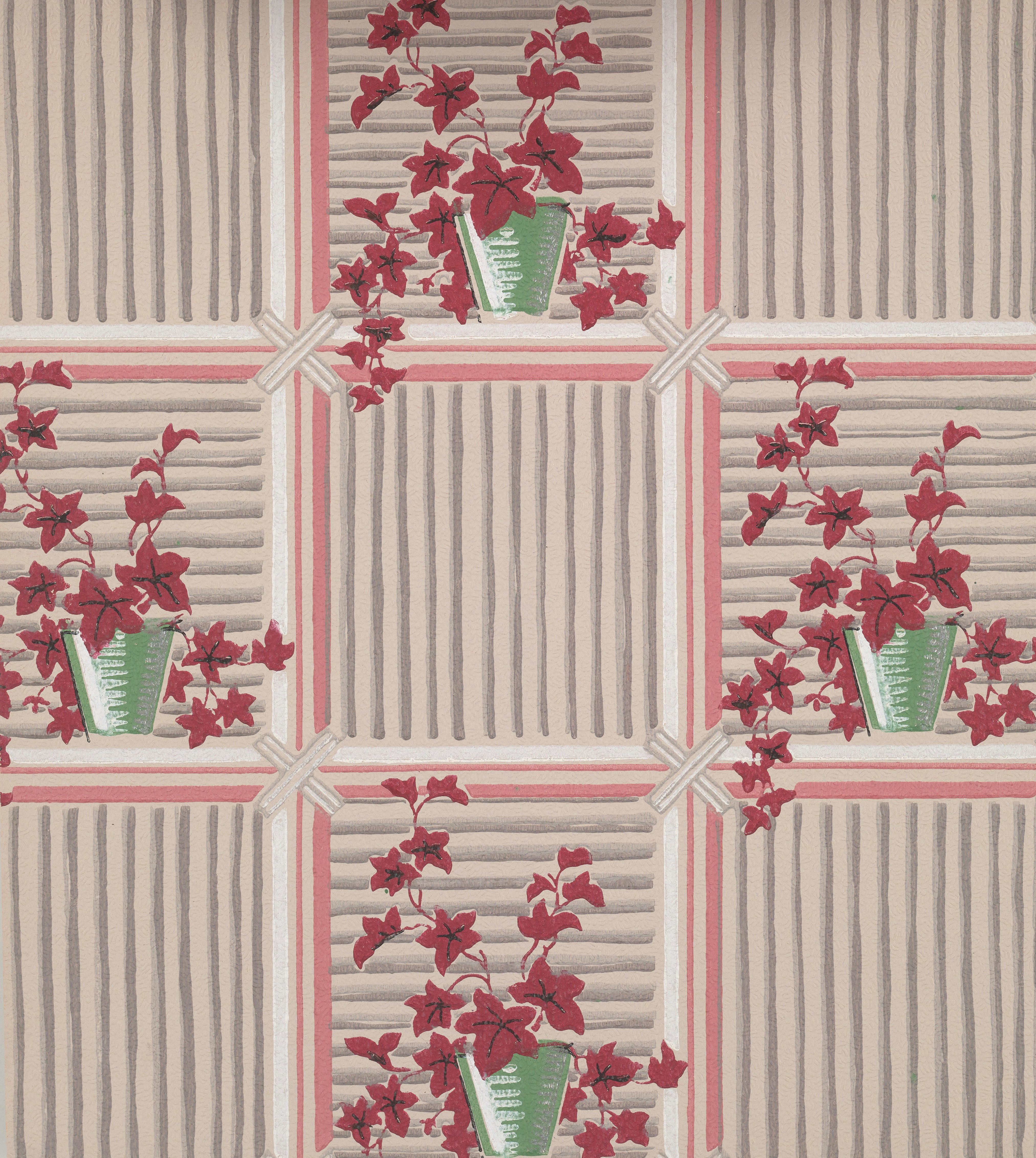 Patterned Garden: Red Vines and Green Pots on Striped Tiles