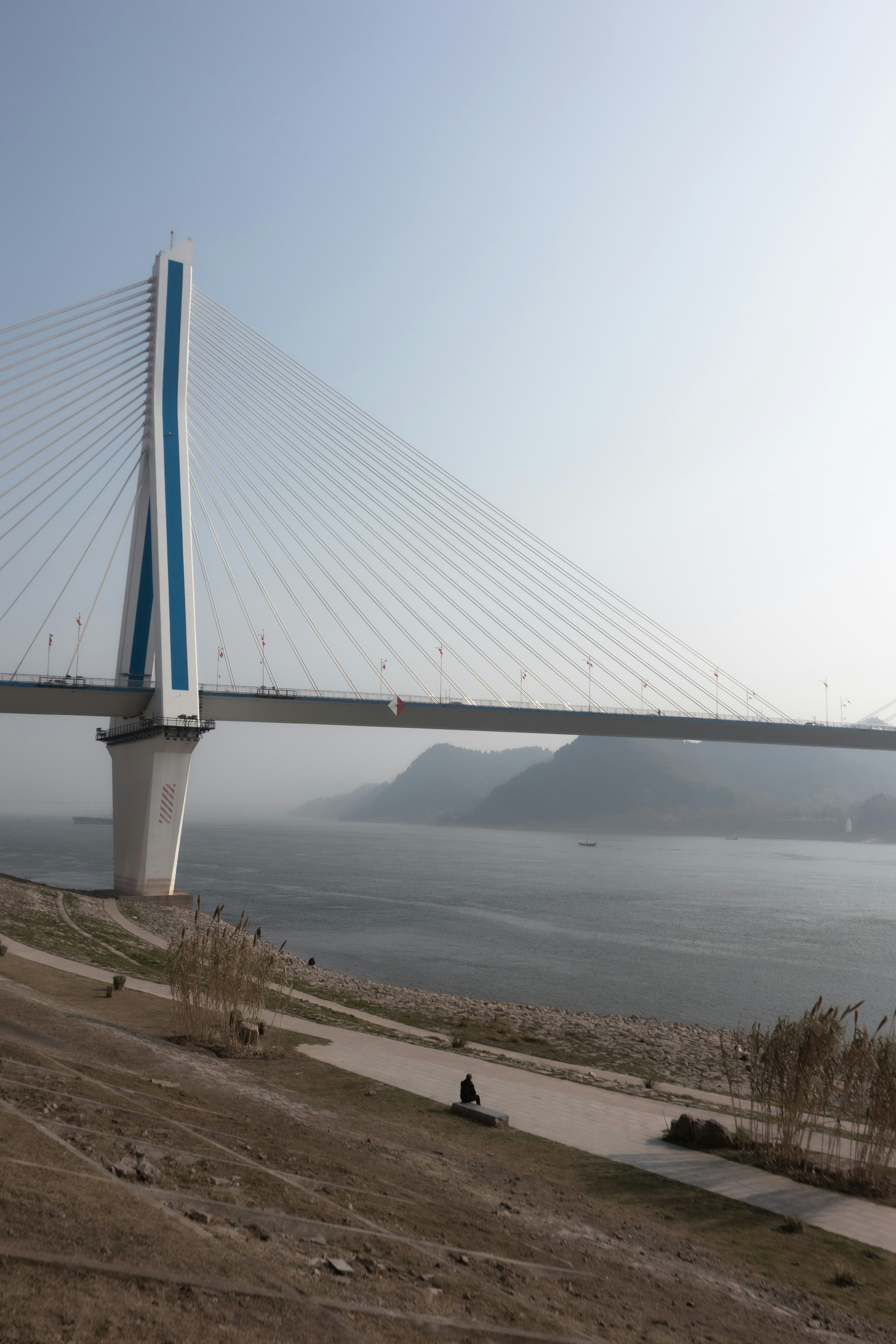 Cable-stayed Span over Calm Waters at Dusk