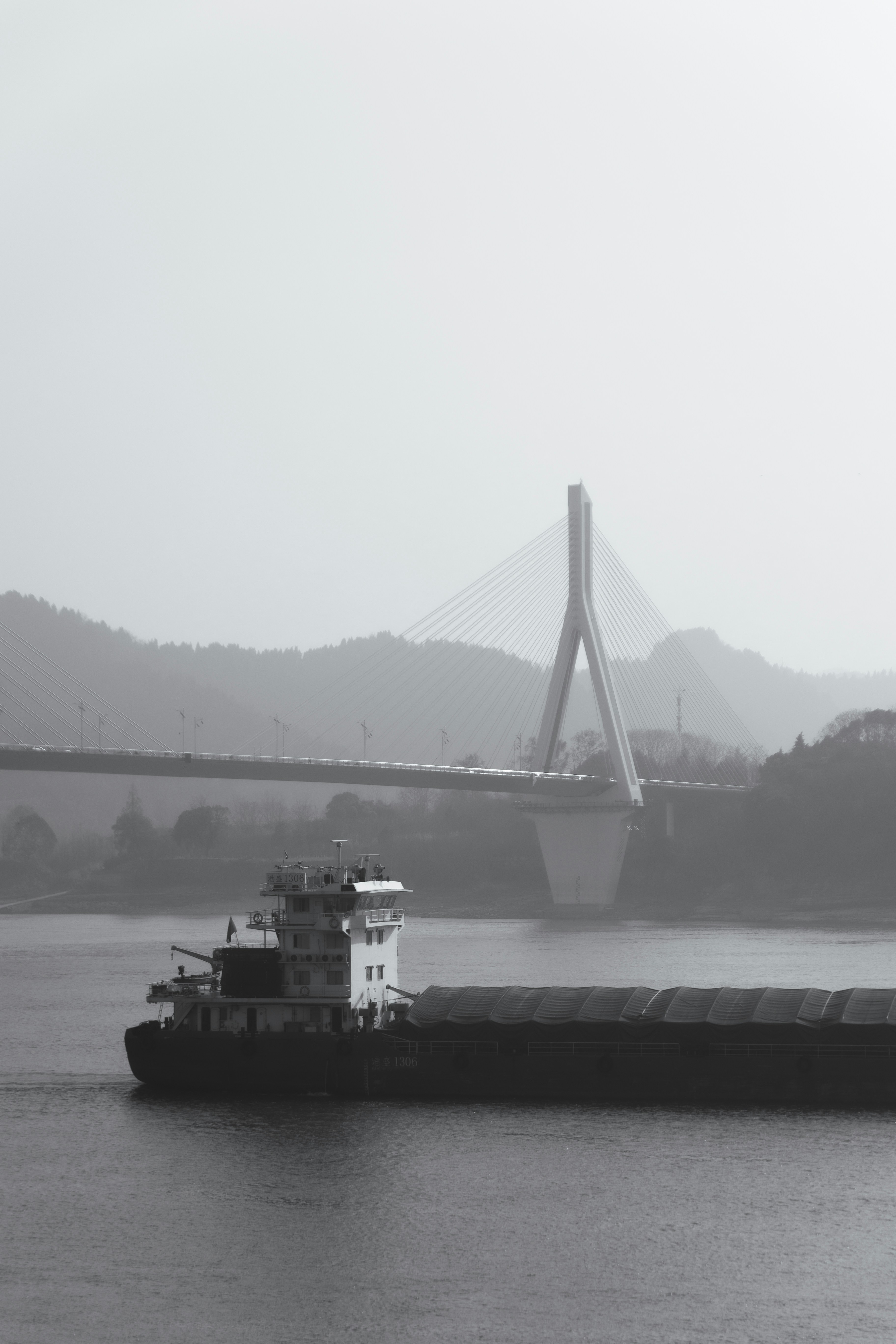 Tide of Silence: A Tug and a Cable-Stayed Bridge in Morning Mist