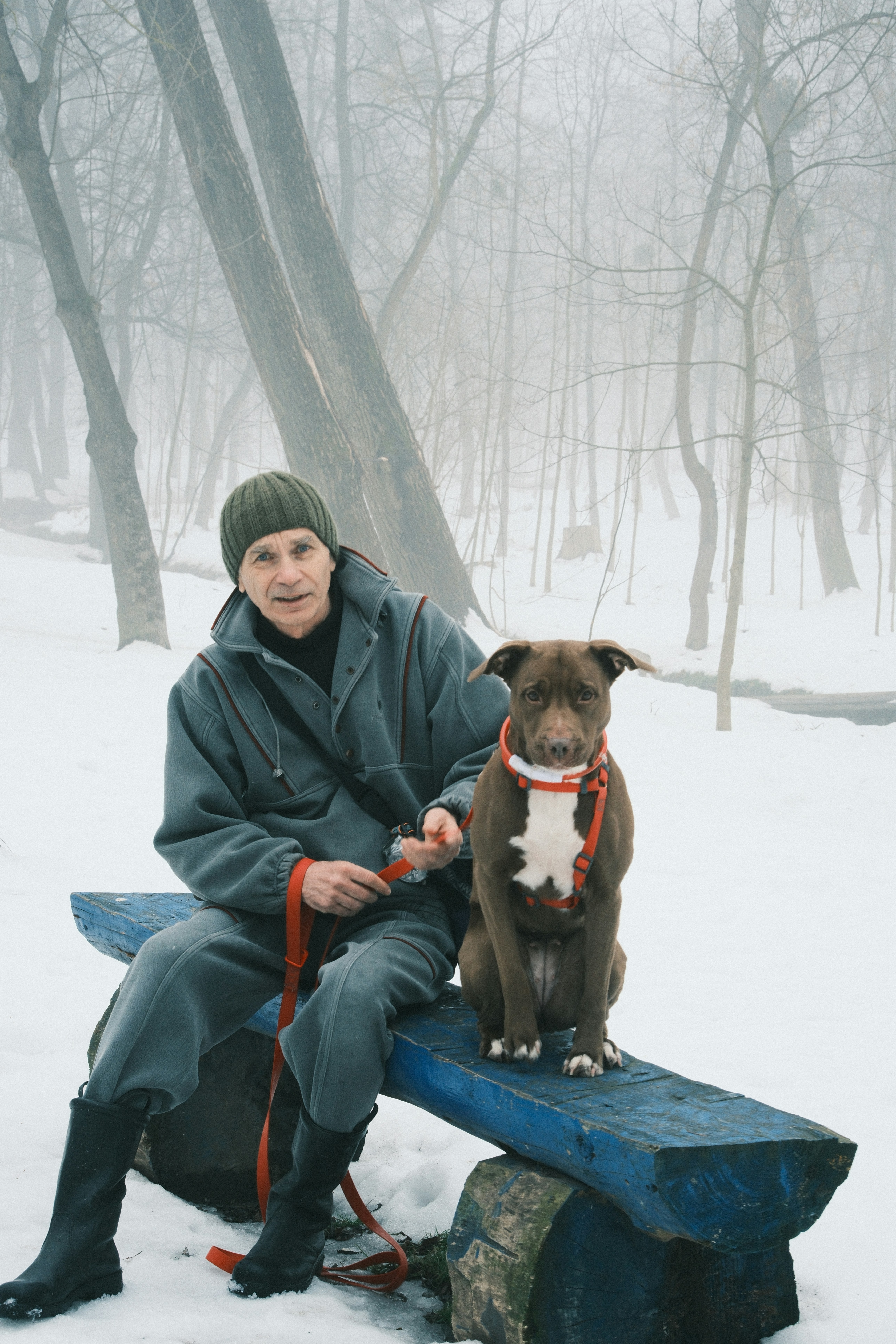 Winter Bond on a Blue Bench