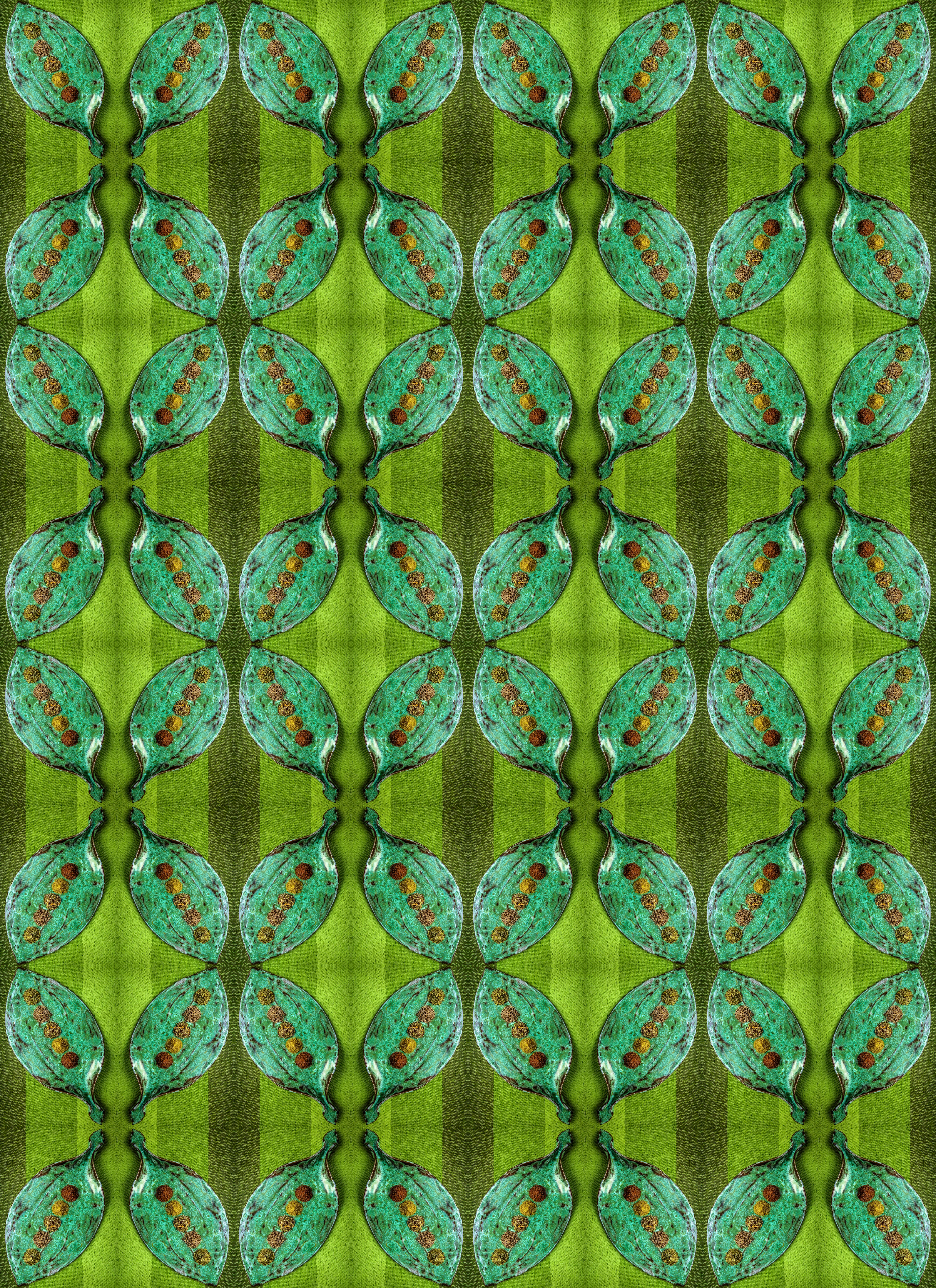 Patterned teal leaves with orange centers repeat across a green striped background, forming a seamless wallpaper-like design.